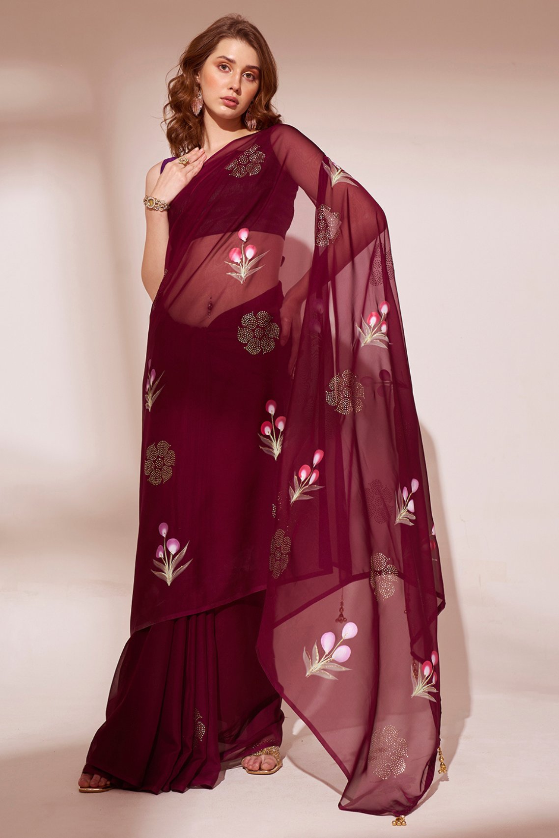 Buy Bordeaux Maroon Printed Organza Saree Online - MySilkLove