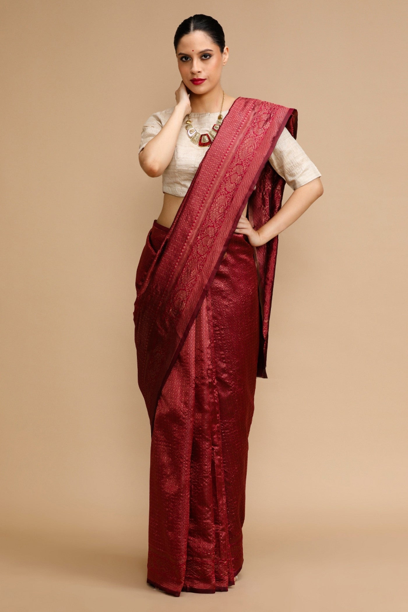 Buy Bordeaux Maroon Woven Jacquard Lichi Silk Saree Online - MySilkLove