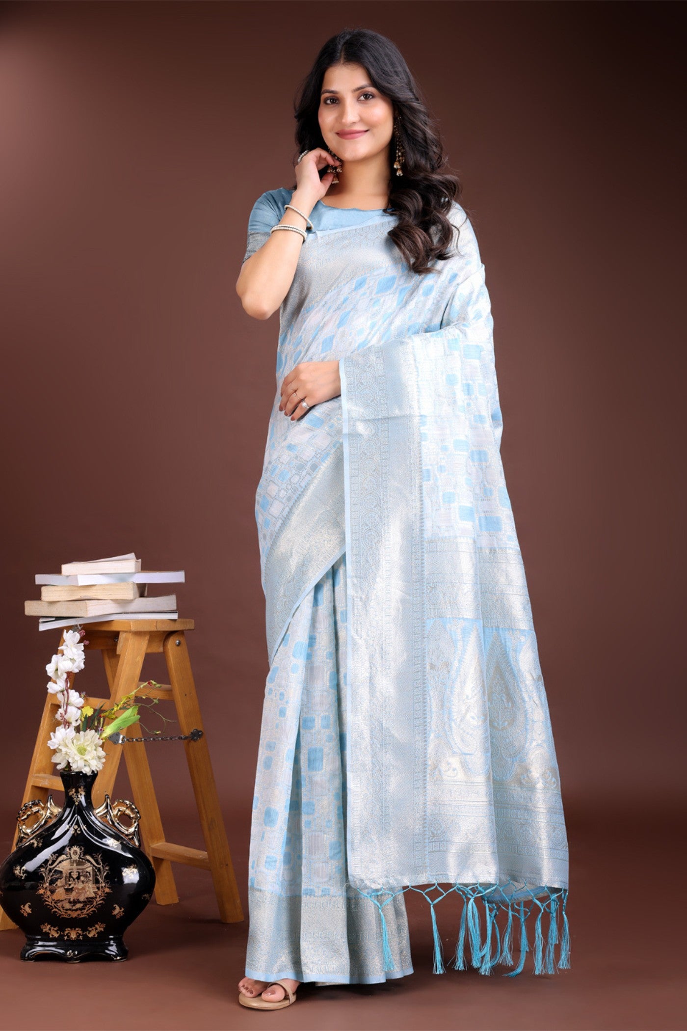 Buy Surfin Blue Woven Linen Cotton Saree Online - MySilkLove