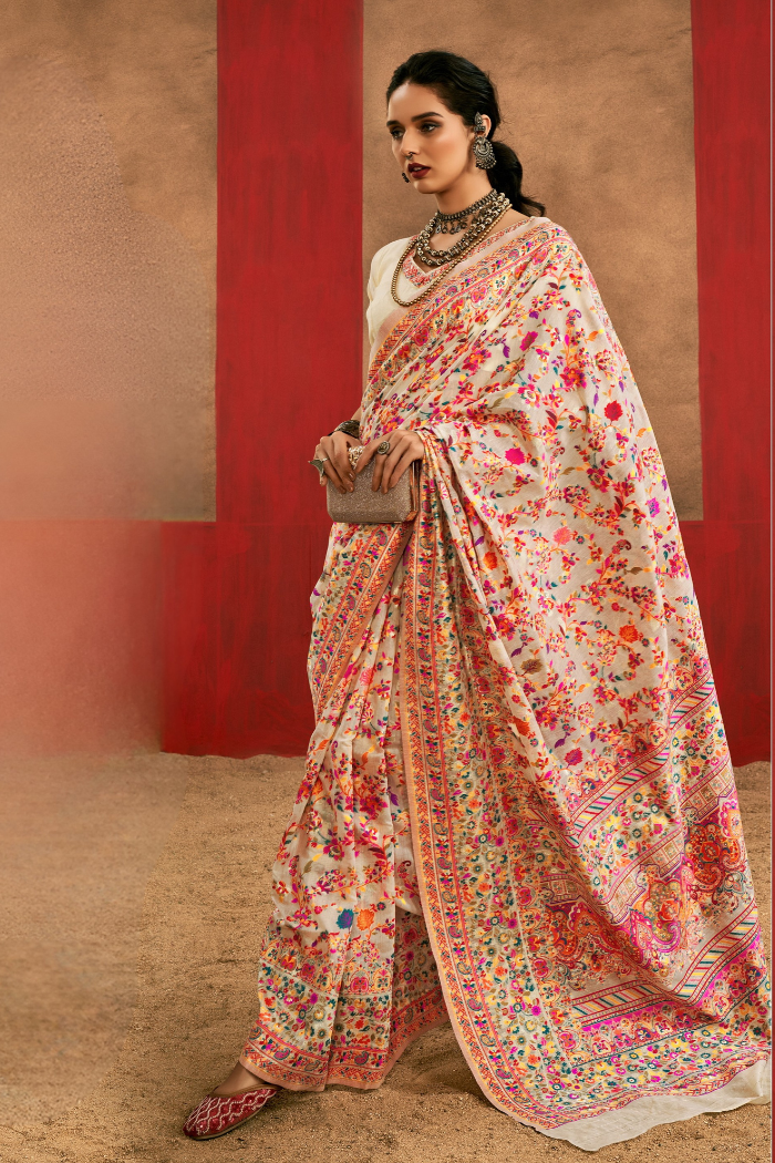 Buy Ivory Cream Kashmiri Handloom Jamewar Saree Online - MySilkLove