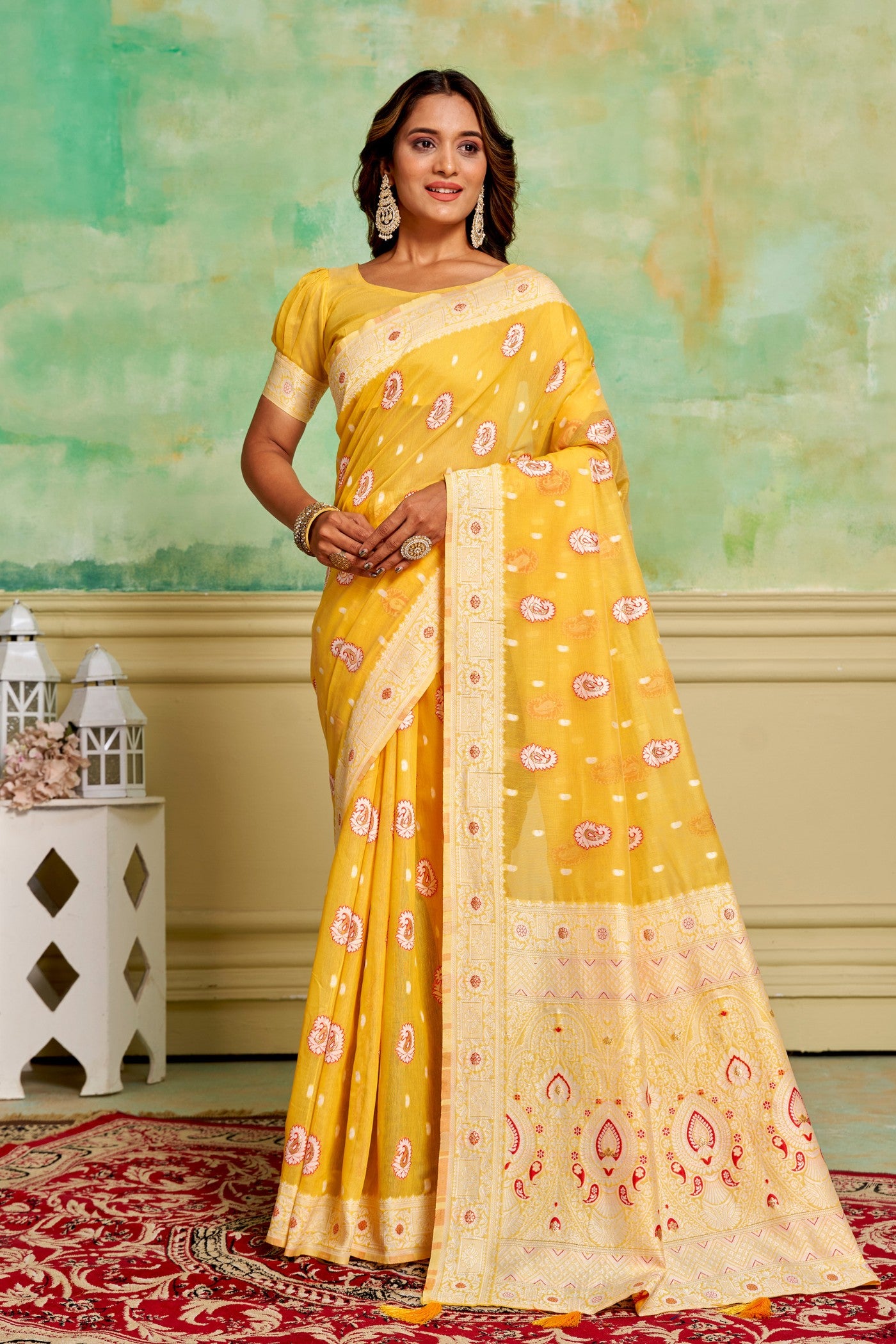 Buy Ronchi Yellow Woven Cotton Saree Online - MySilkLove