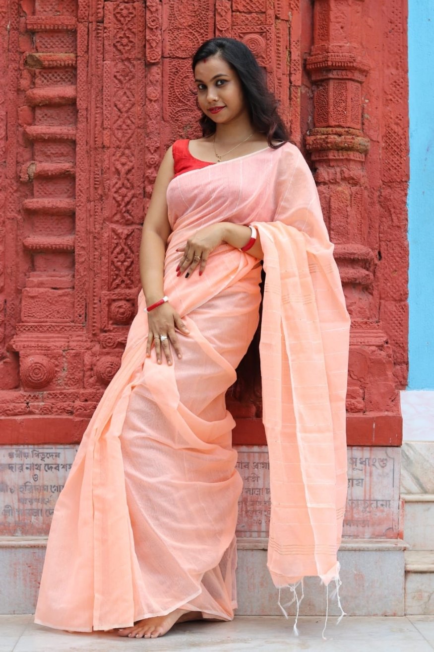 Buy Apricot Peach Cotton Sequence Chumki Saree Online - MySilkLove