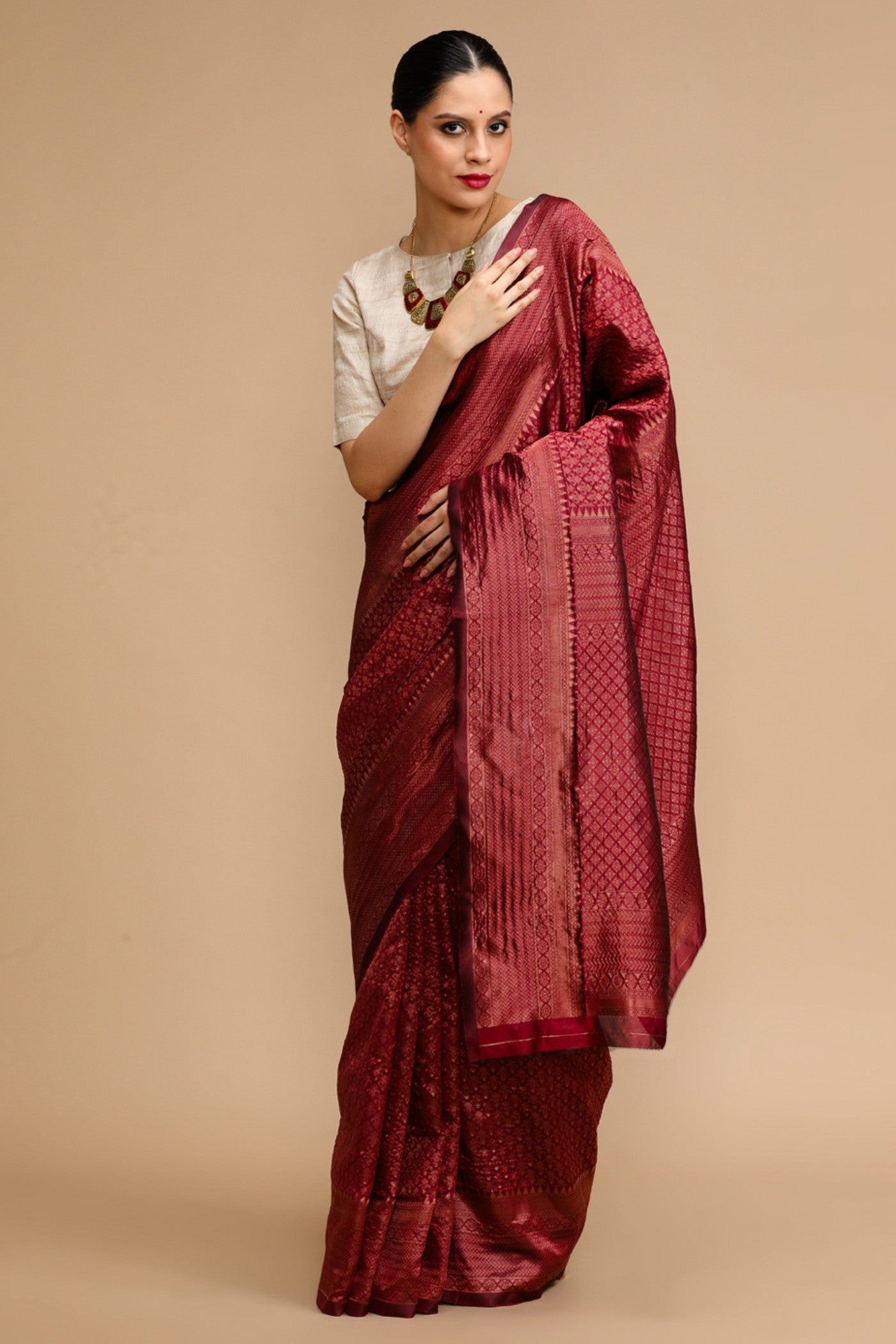Buy Synonyms Maroon Woven Jacquard Lichi Silk Saree Online - MySilkLove