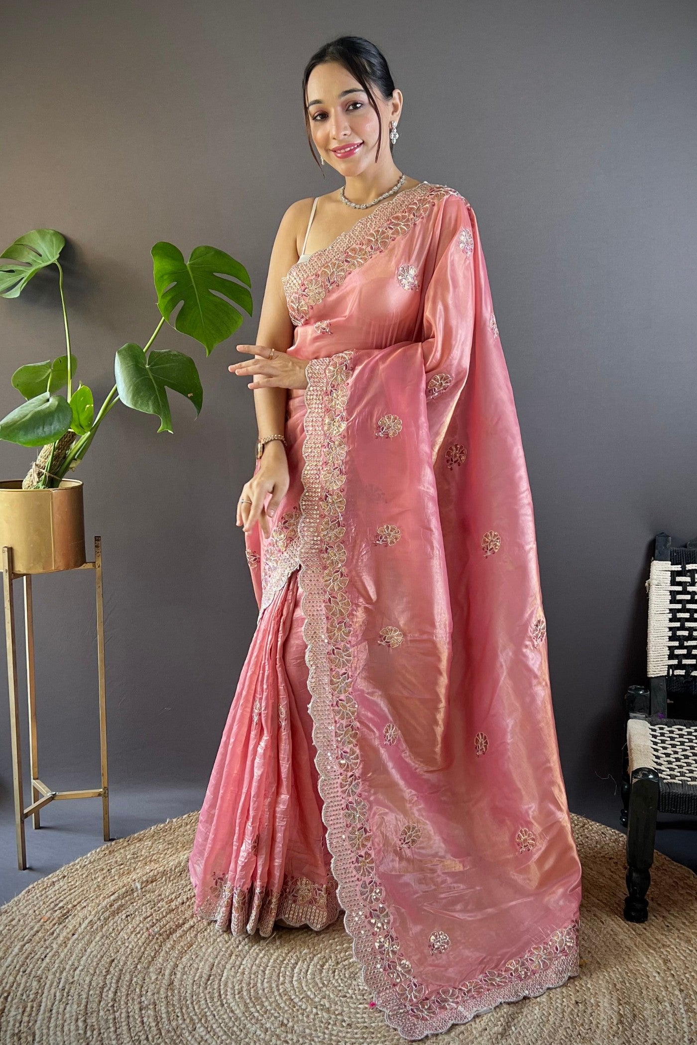 Buy Puce Peach Embroidered Party Wear Saree Online - MySilkLove