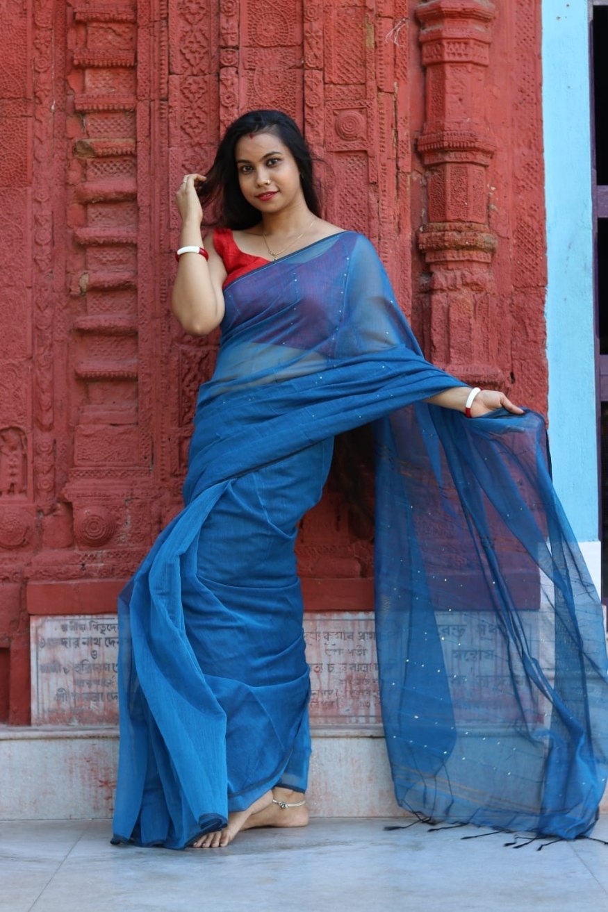 Buy Bondi Blue Cotton Sequence Chumki Saree Online - MySilkLove