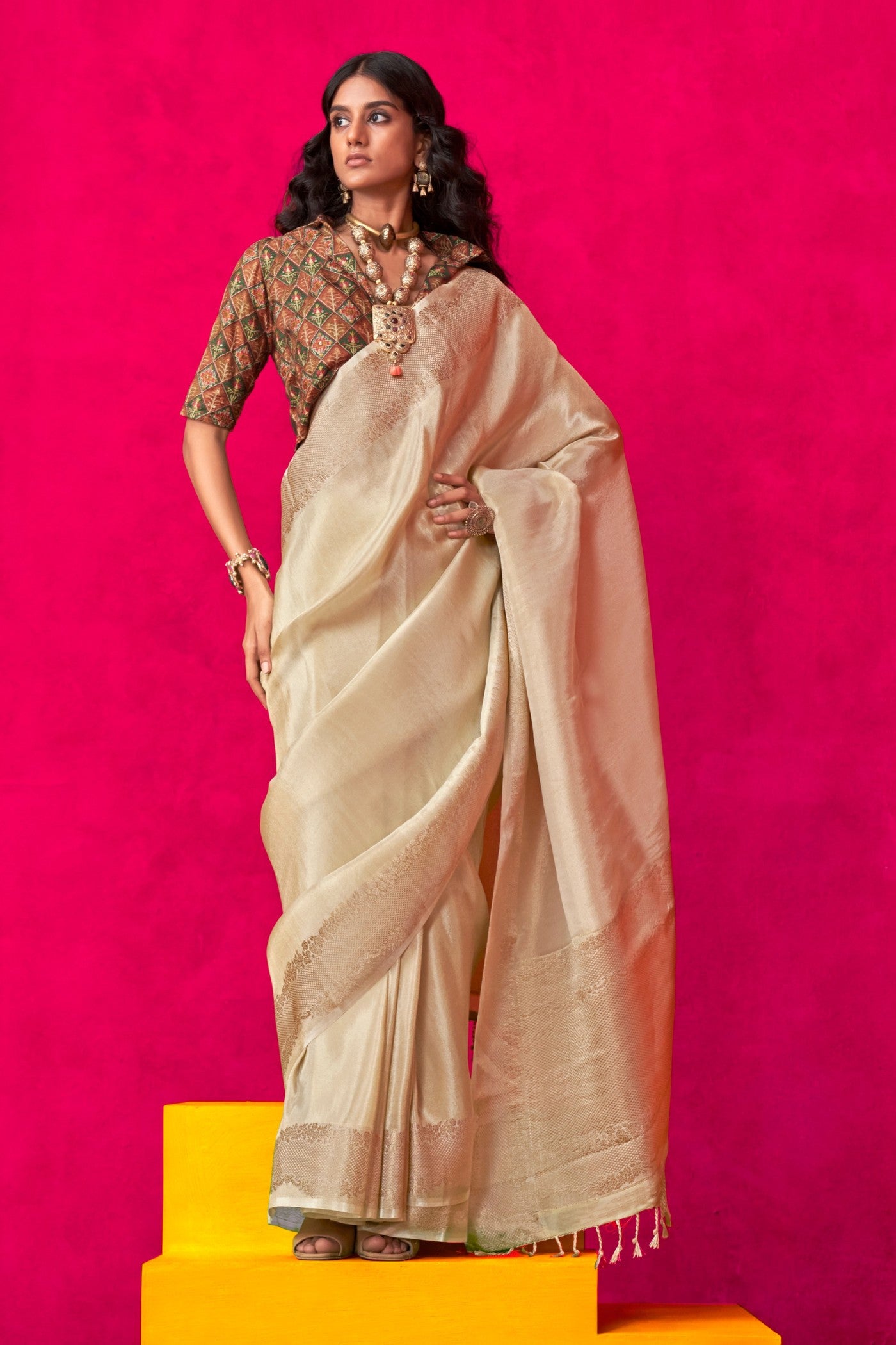 Buy Bison Cream Tissue Silk Saree Online - MySilkLove