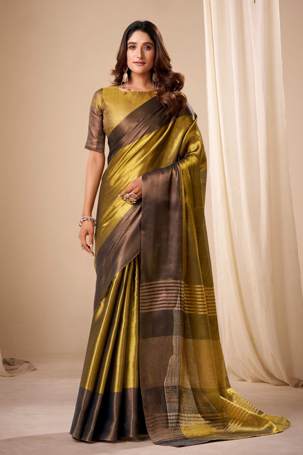 Buy Hunyadi Yellow Handloom Tissue Saree Online - MySilkLove