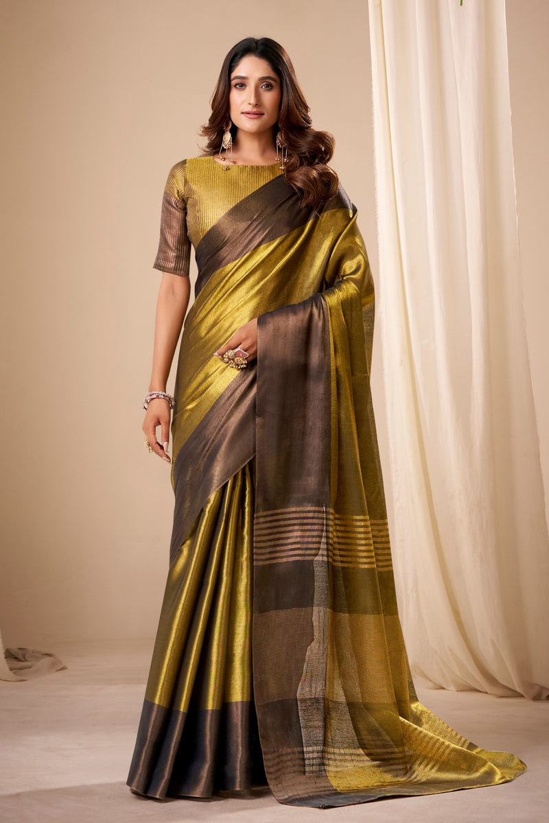 Buy Hunyadi Yellow Handloom Tissue Saree Online - MySilkLove
