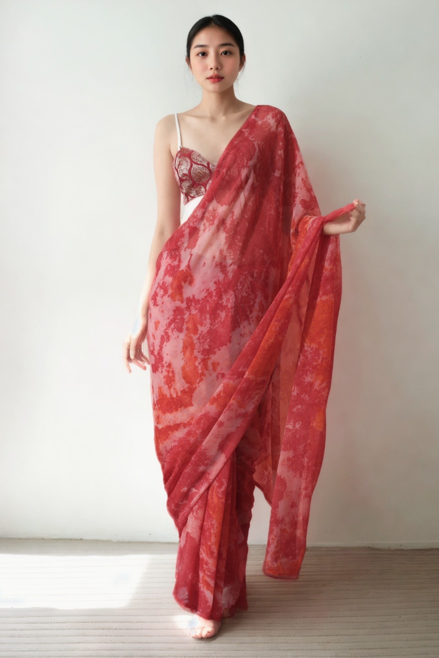 Buy Rose Red Marbel Chiffon Ready To Wear Saree Online - MySilkLove