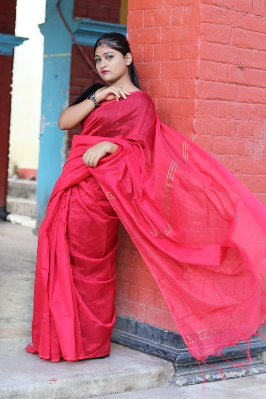 Buy Tamarillo Red Cotton Sequence Chumki Saree Online - MySilkLove