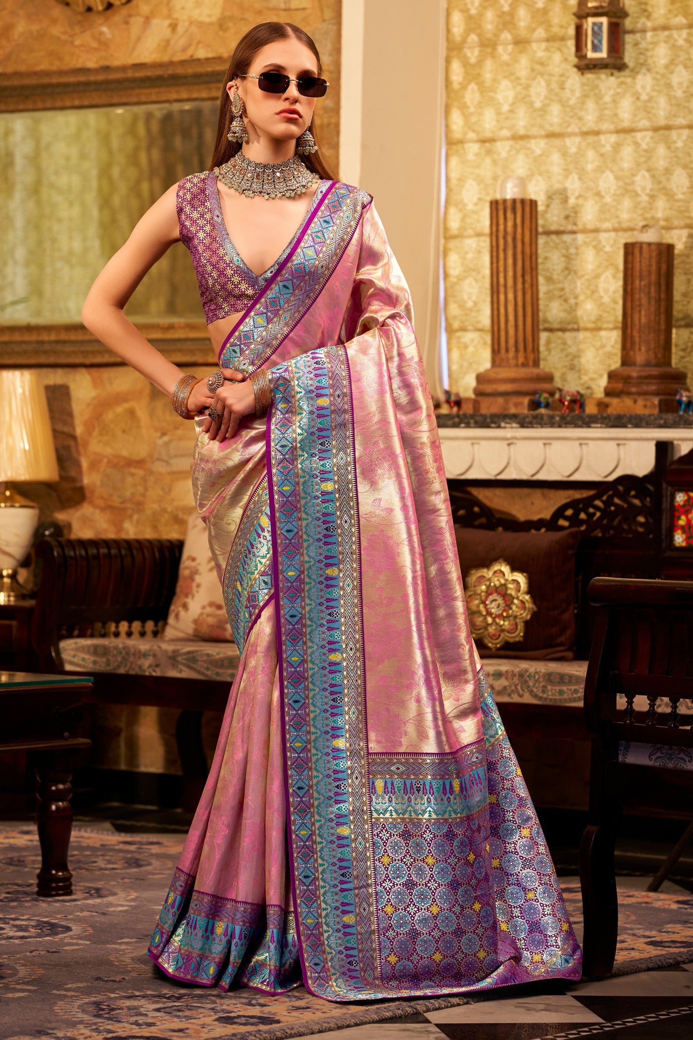 Buy Pantone Peach Zari Woven Tissue Silk Saree Online - MySilkLove