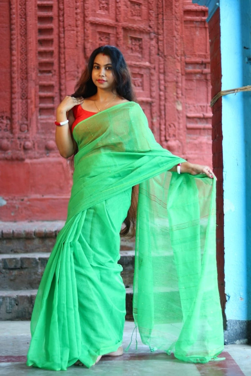 Buy Pista Green Cotton Sequence Chumki Saree Online - MySilkLove