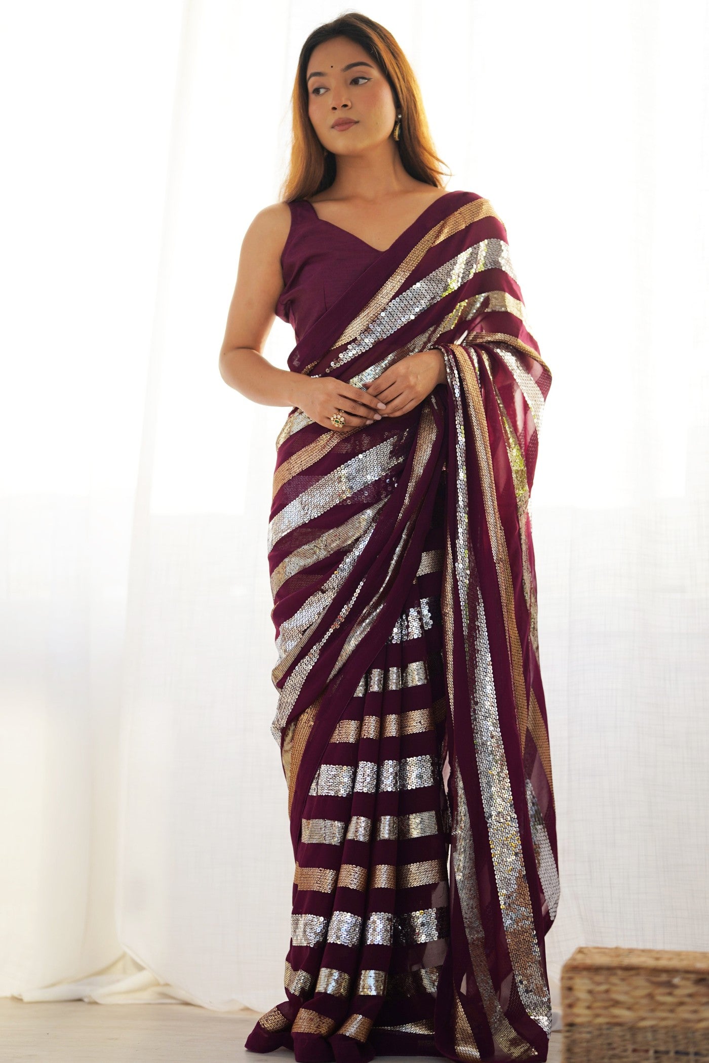 Buy Tamarind Purple Georgette Partywear Saree Online - MySilkLove
