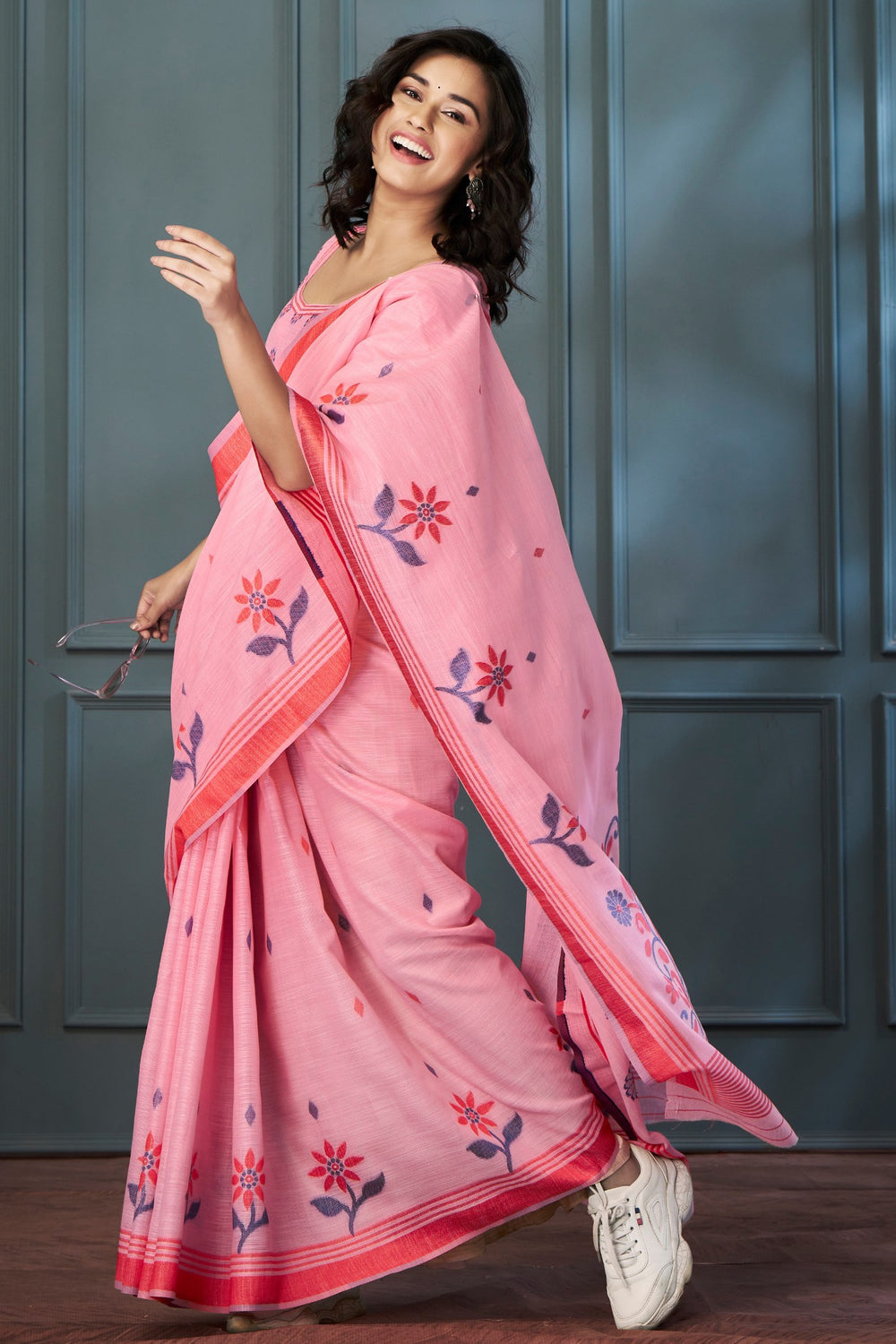 Buy Wewak Pink Handloom Linen Saree Online - MySilkLove