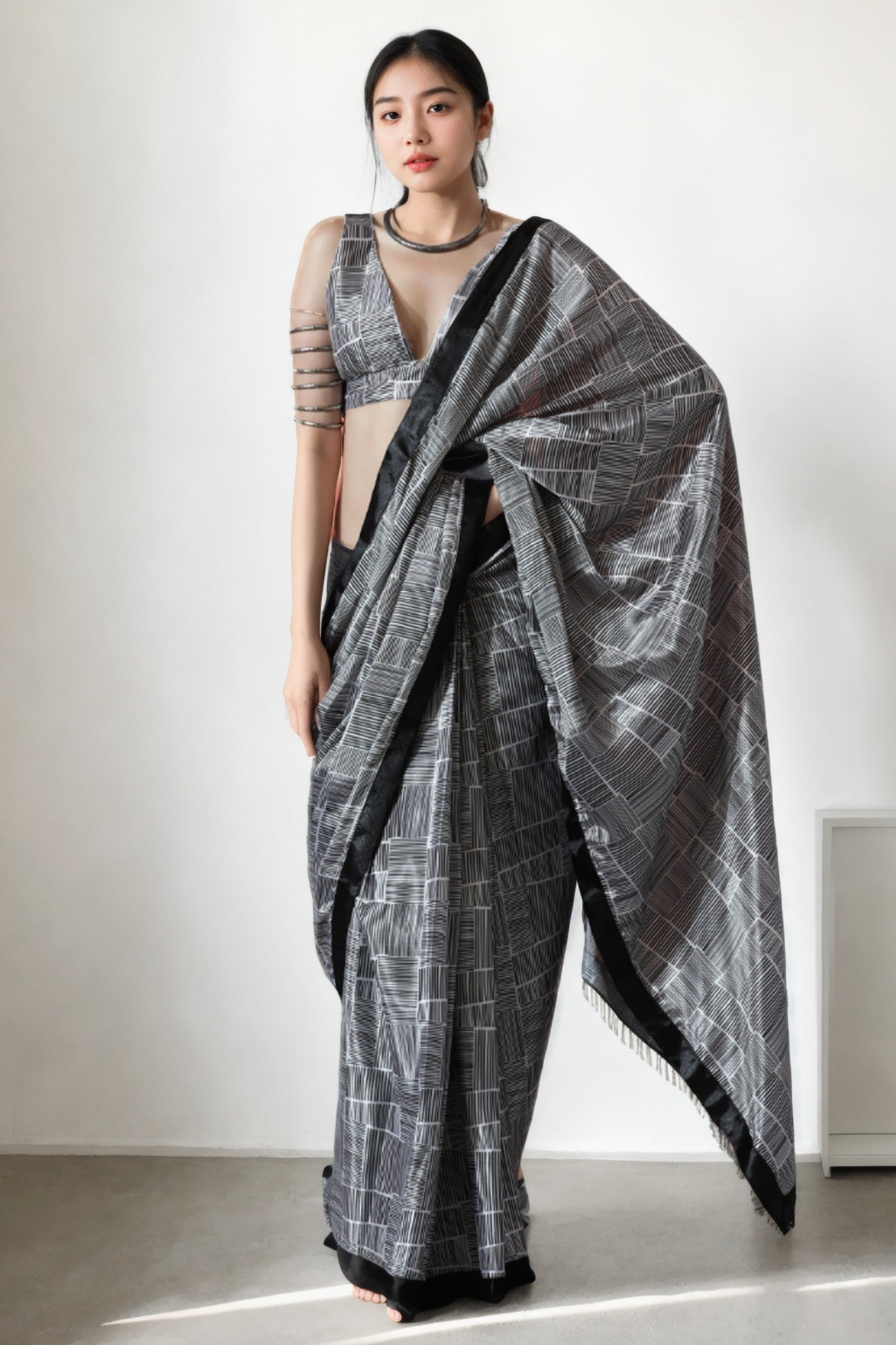 Buy Zinc Grey Chinon Digital Printed Ready To Wear Saree Online ...