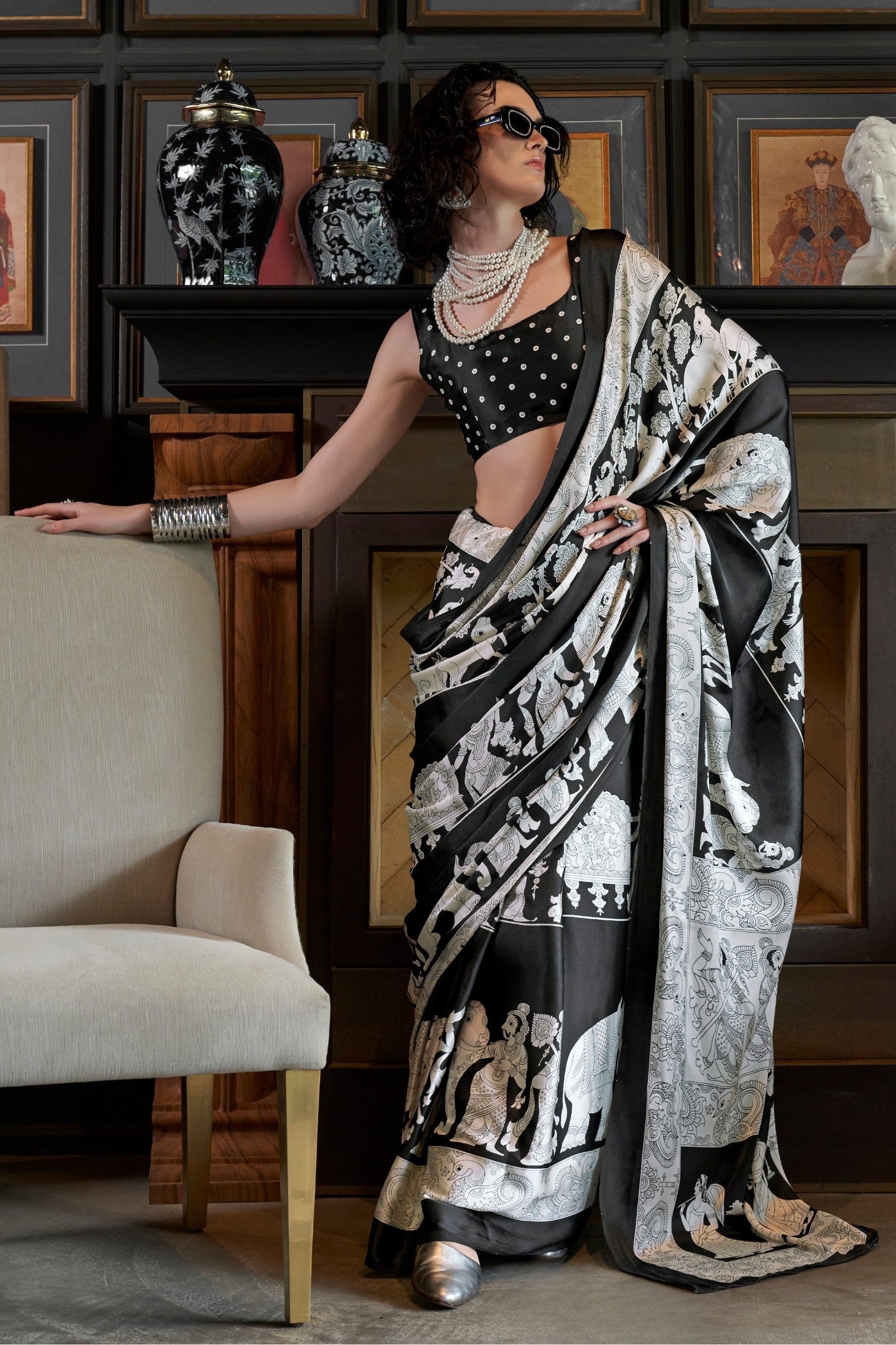 Buy Asher Black and White Patola Printed Satin Crepe Saree Online ...