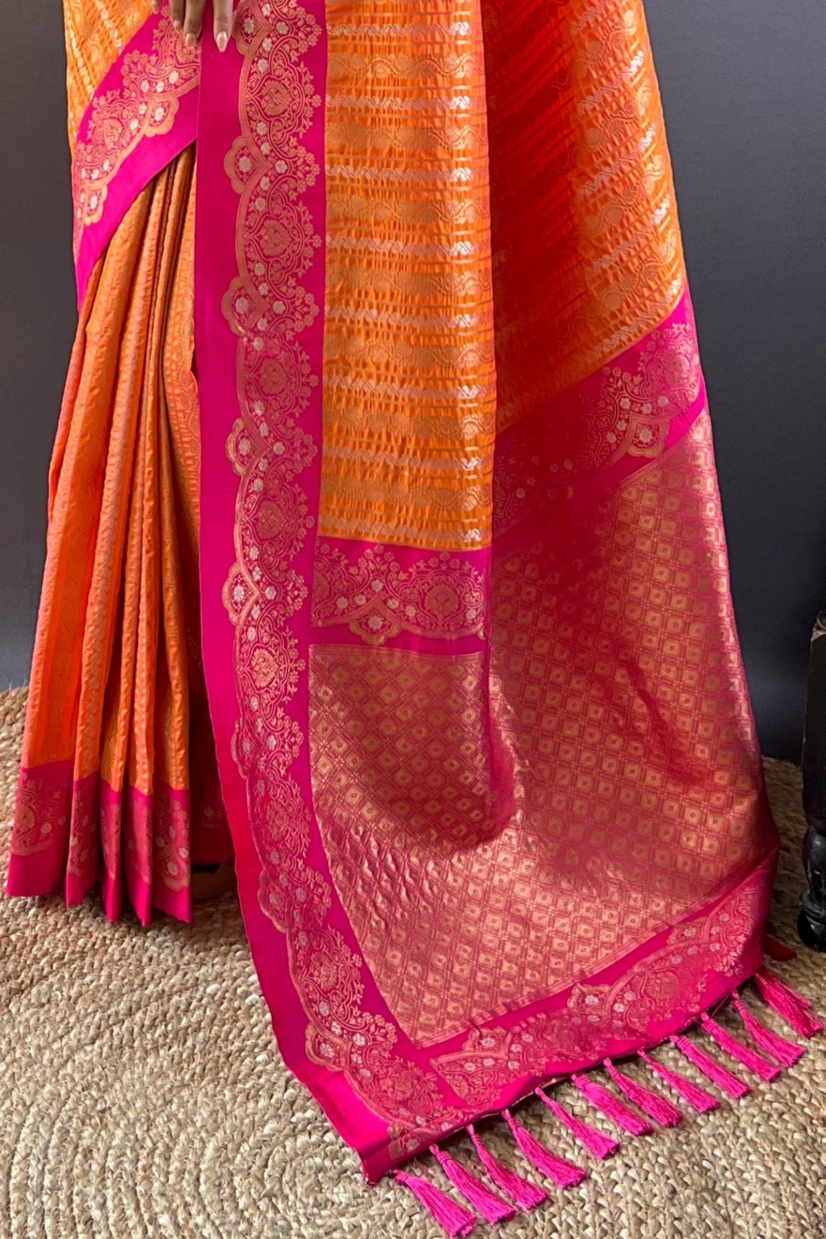 Buy Salmon Orange Zari Woven Banarasi Saree Online - MySilkLove