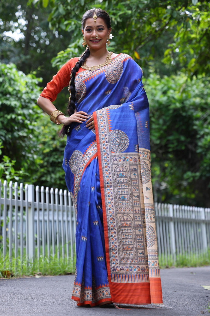 Buy Berkeley Blue Madhubani Tussar Printed Silk Saree Online - MySilkLove