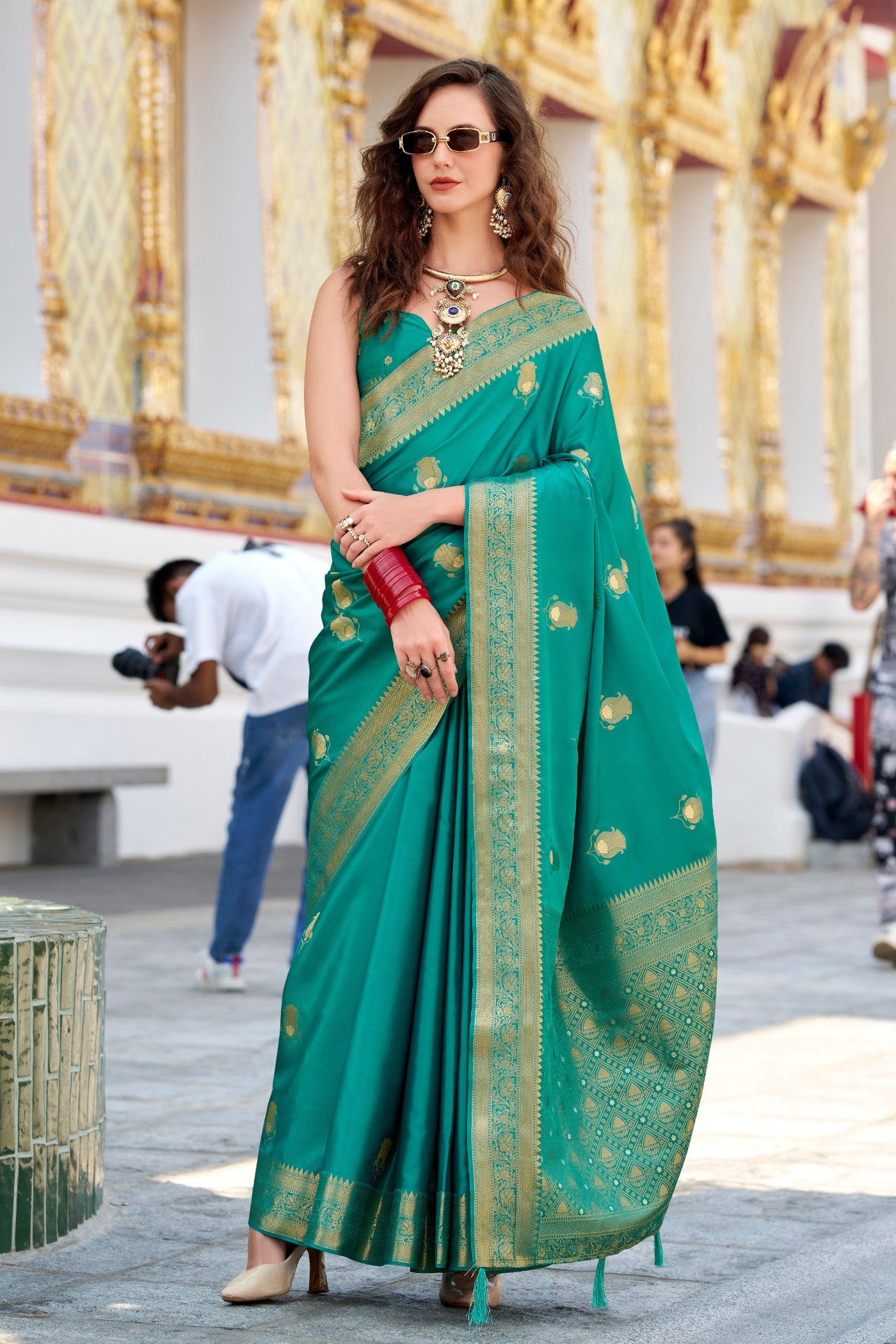 Buy Elf Green Woven Satin Silk Saree Online - MySilkLove