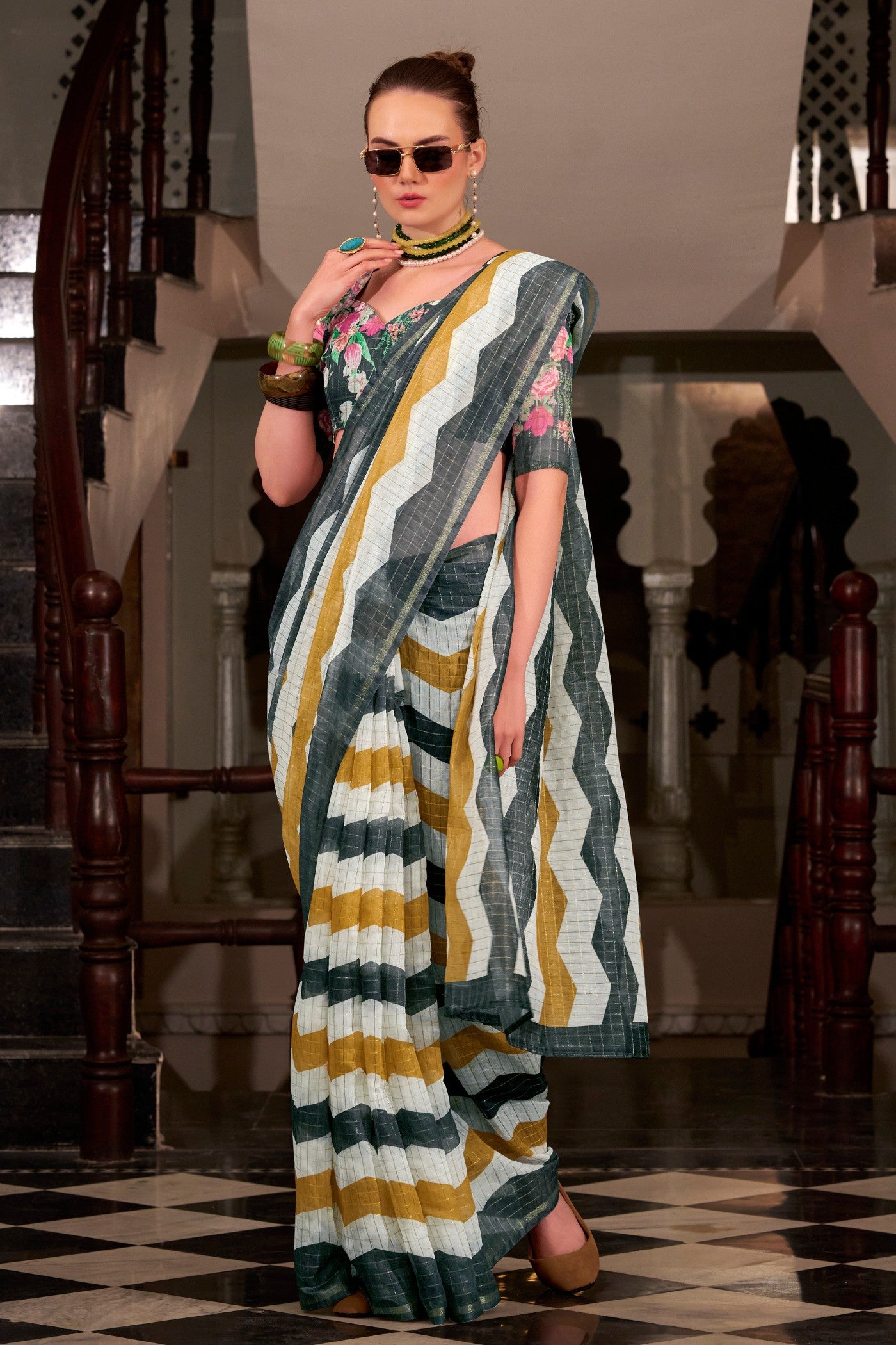Buy Locust Green and Yellow Woven Linen Saree Online - MySilkLove