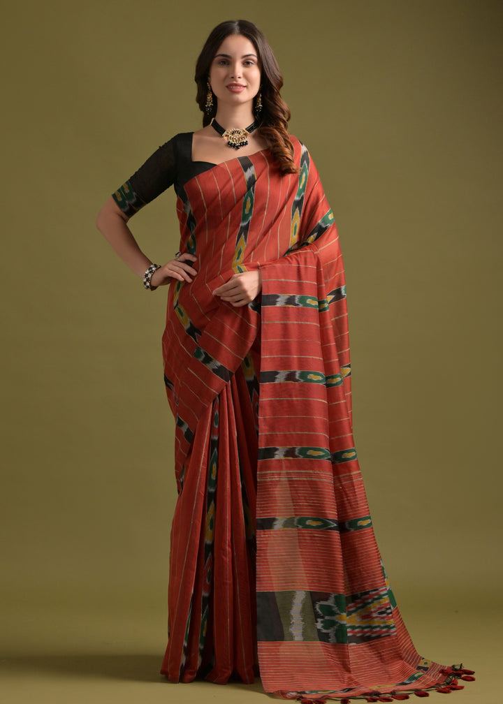 Buy Spice Brown Soft Ikkat Cotton Woven Saree Online - MySilkLove