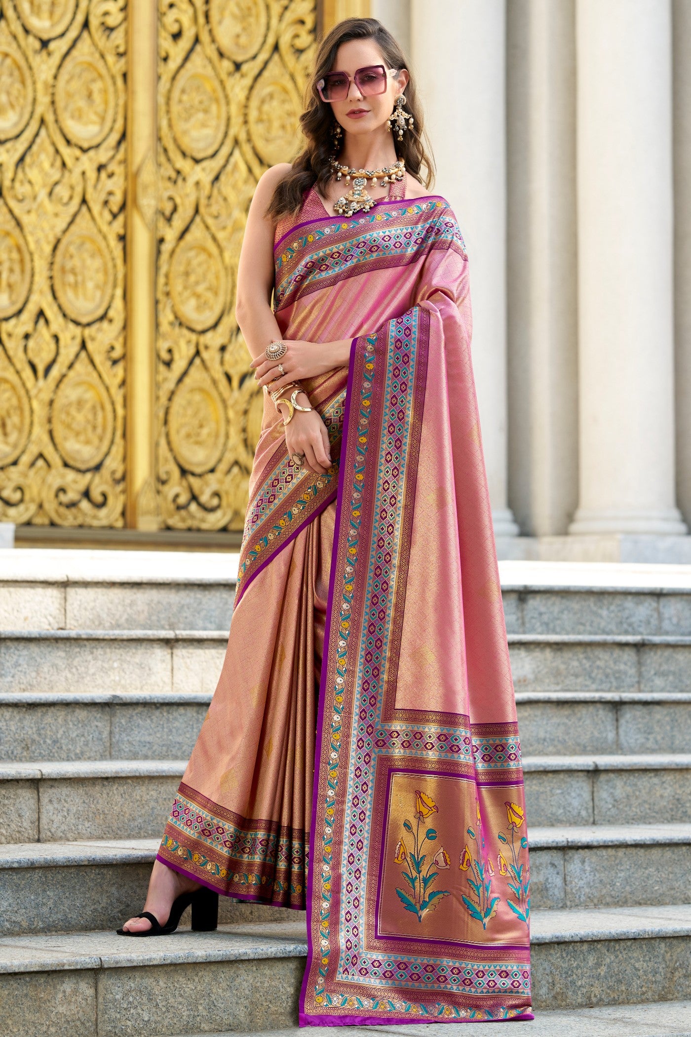 Buy Nation Pink Tissue Handloom Saree Online - MySilkLove