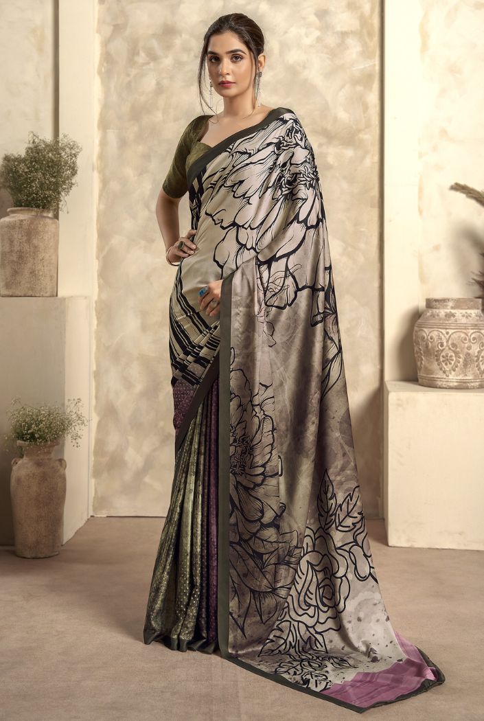 Buy Sardine Grey Printed Satin Silk Saree Online - MySilkLove