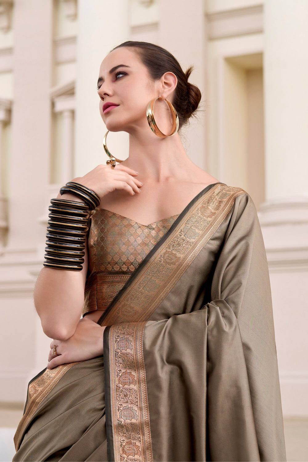 Buy Brandy Rose Brown Banarasi Handloom Saree Online - MySilkLove