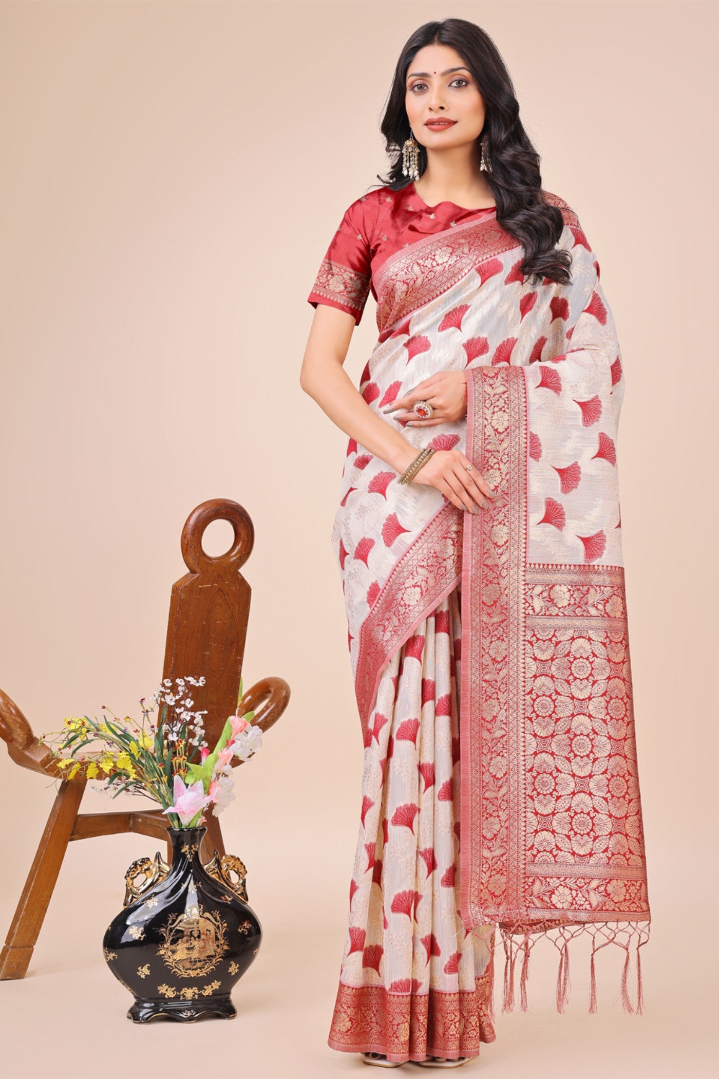 Buy Salt White and Red Linen Cotton Saree Online - MySilkLove