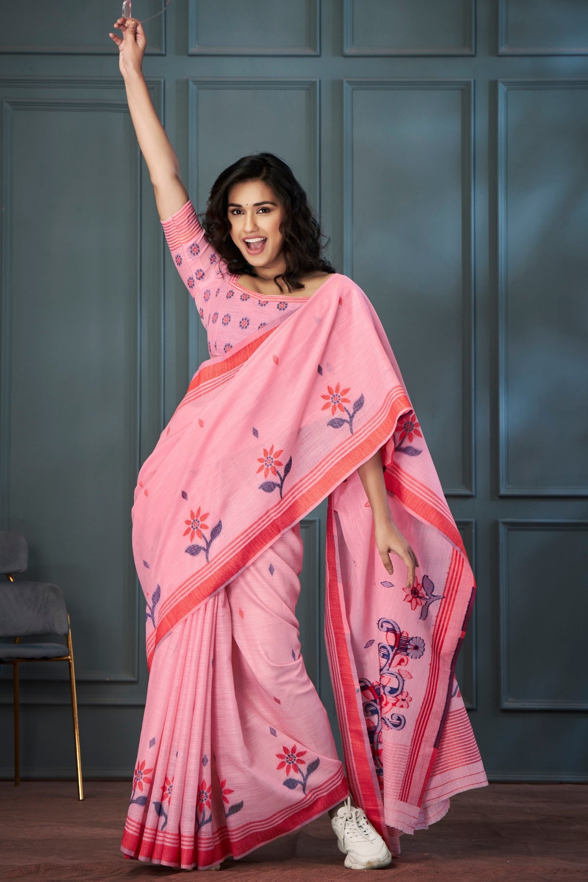 Buy Wewak Pink Handloom Linen Saree Online - MySilkLove