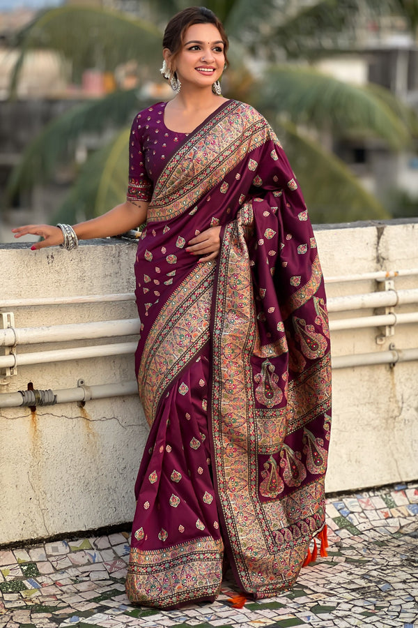 Buy Jamun Purple Woven Kashmiri Jamewar Saree Online - MySilkLove