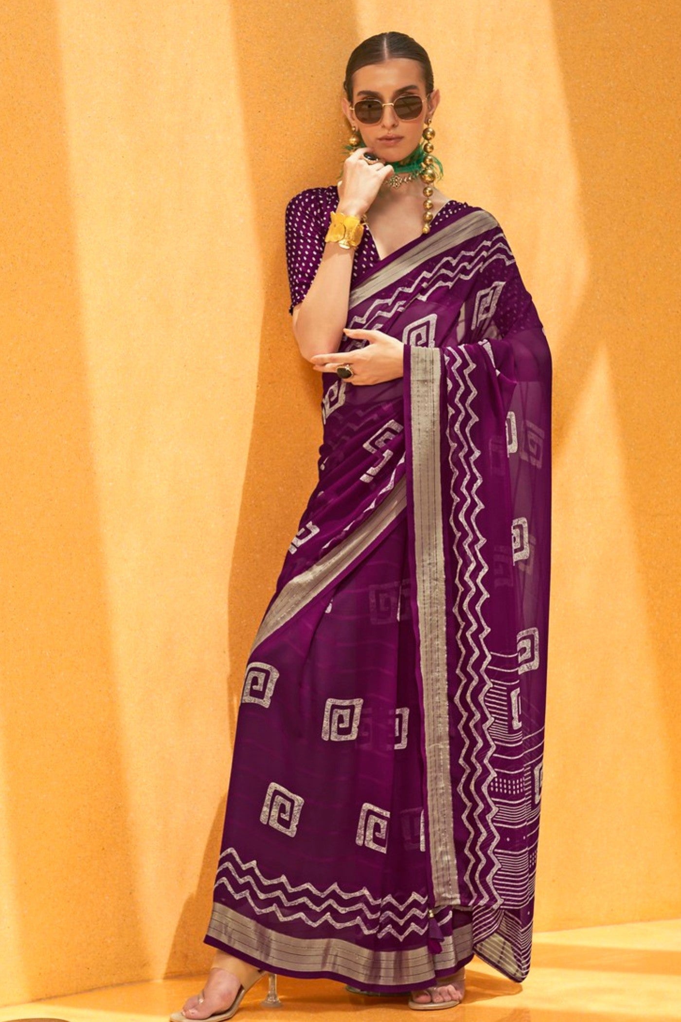 Buy Dark Congo Purple Georgette Printed Saree Online - MySilkLove