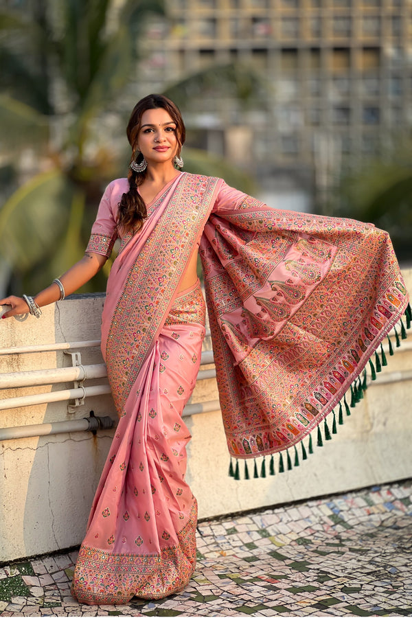 Buy Peony Pink Woven Kashmiri Jamewar Saree Online - MySilkLove