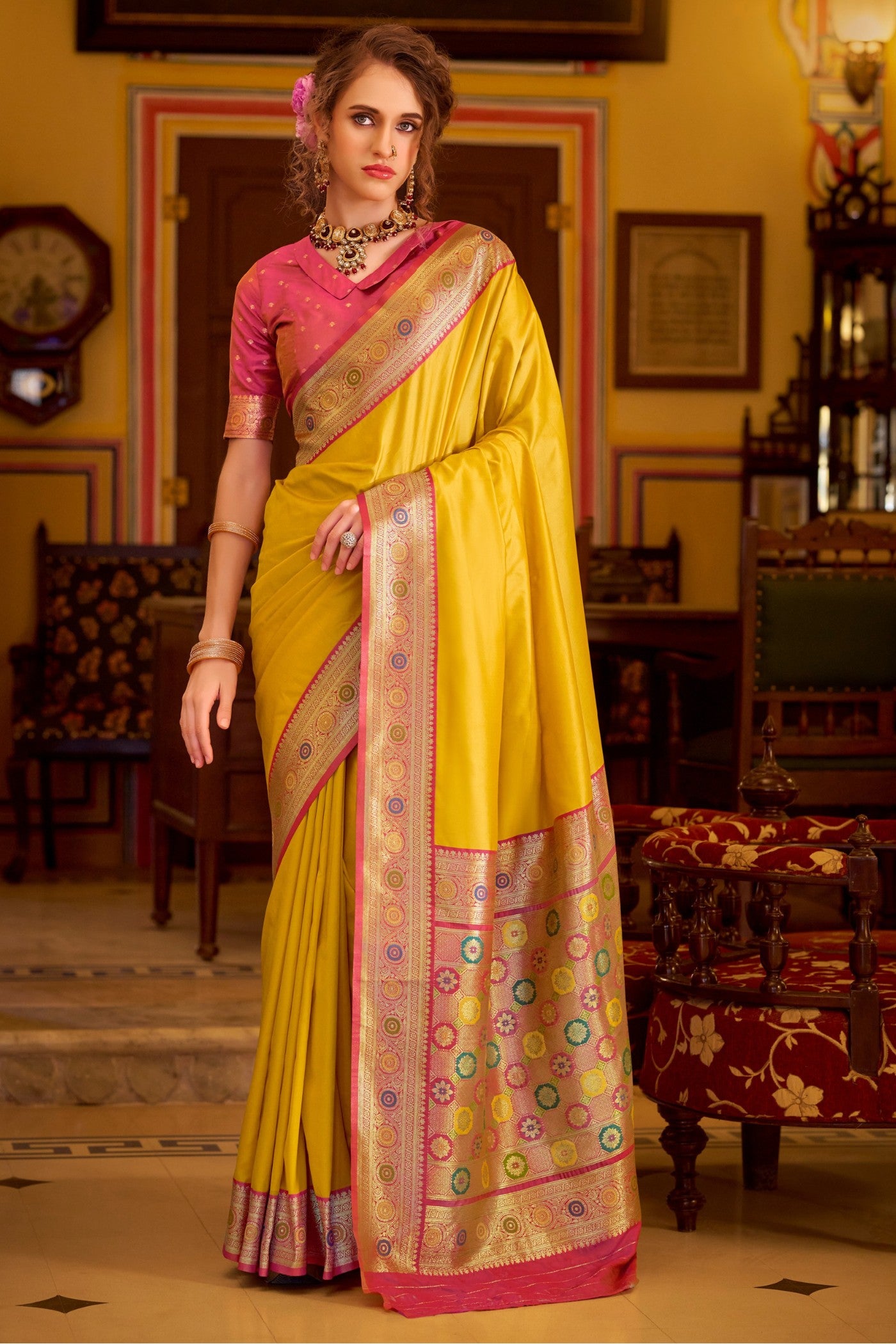 Buy Aureolin Yellow Woven Banarasi Soft Silk Saree Online - MySilkLove