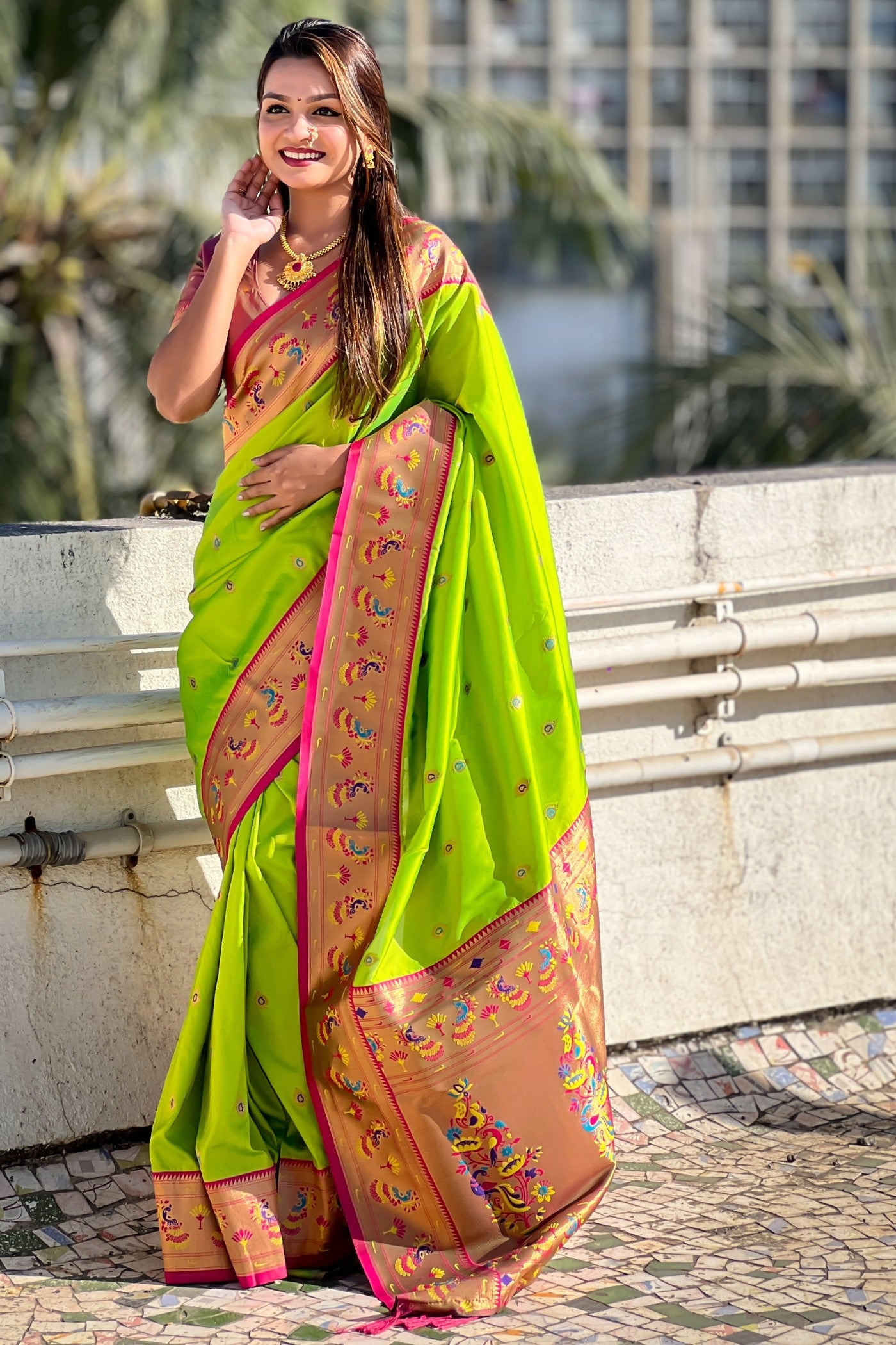 Buy Bahia Green Woven Lotus Paithani Saree Online - MySilkLove