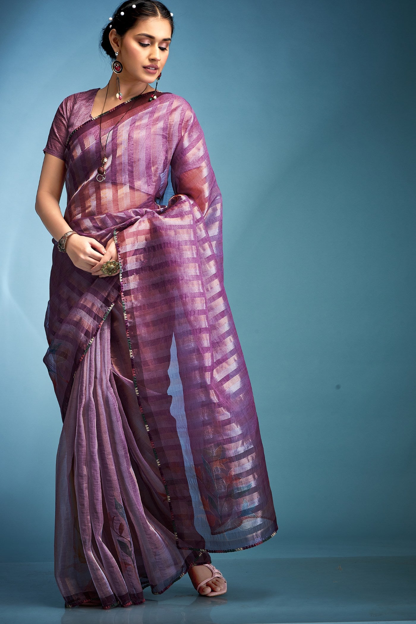 Buy Congo Purple Printed Tissue Saree Online - MySilkLove