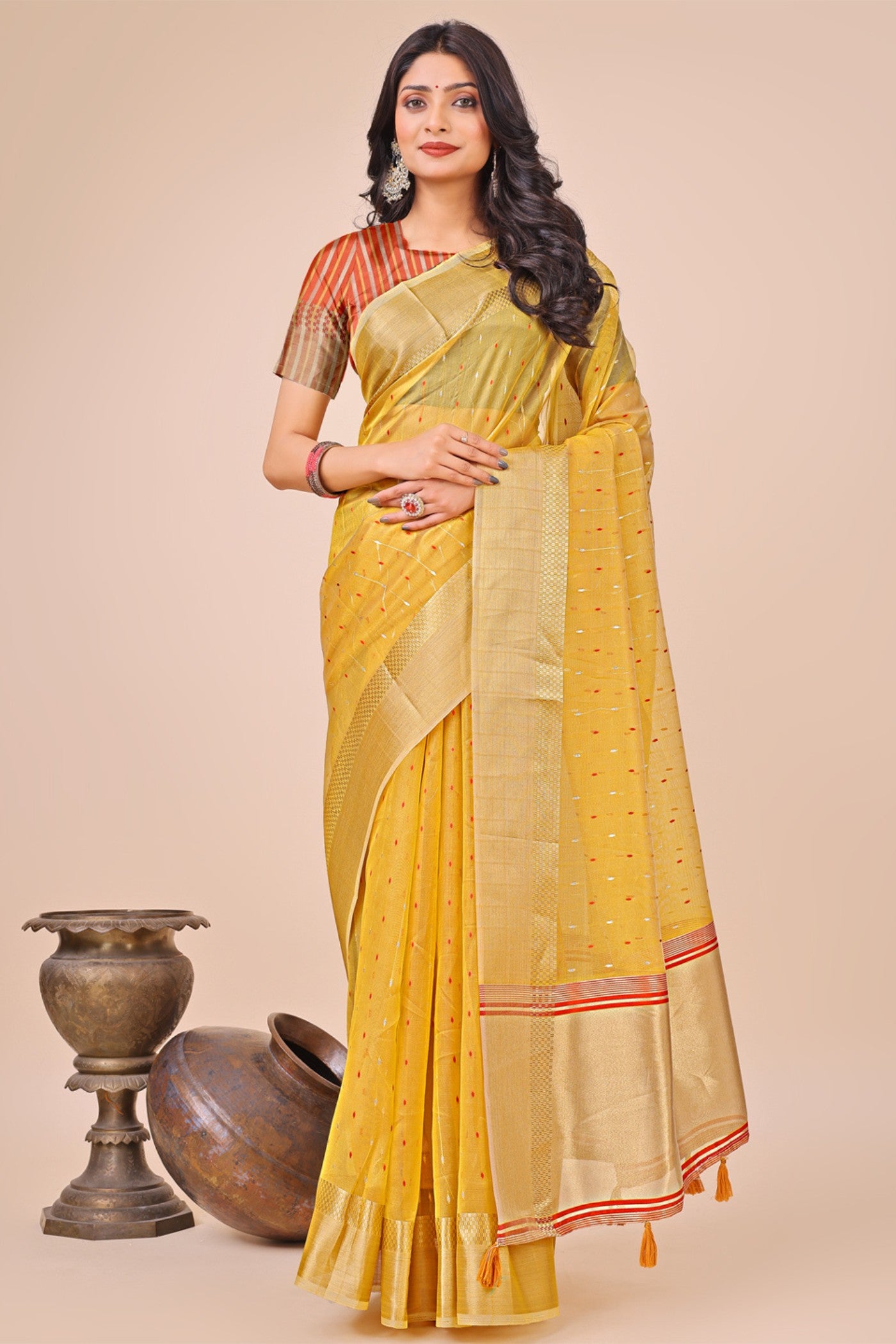 Buy Aureolin Yellow Woven Organza Saree Online - MySilkLove