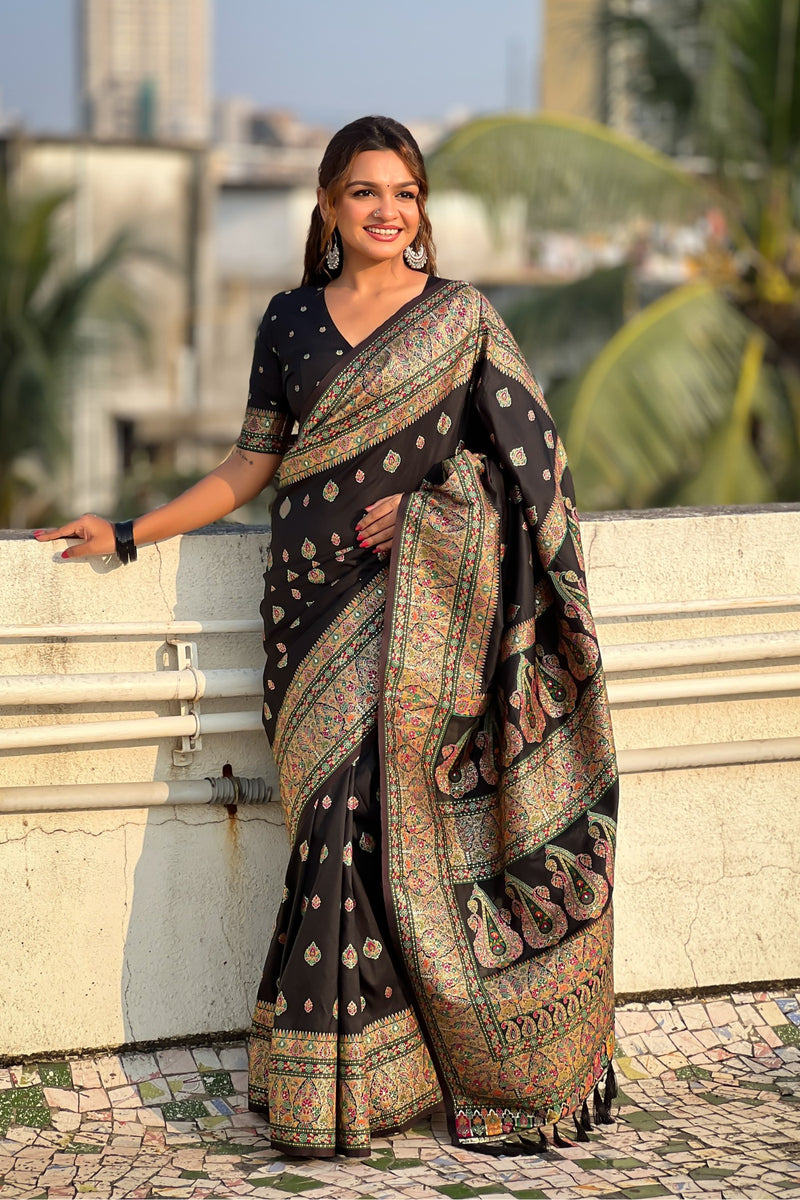 Buy Hollyhock Black Woven Kashmiri Jamewar Saree Online - MySilkLove