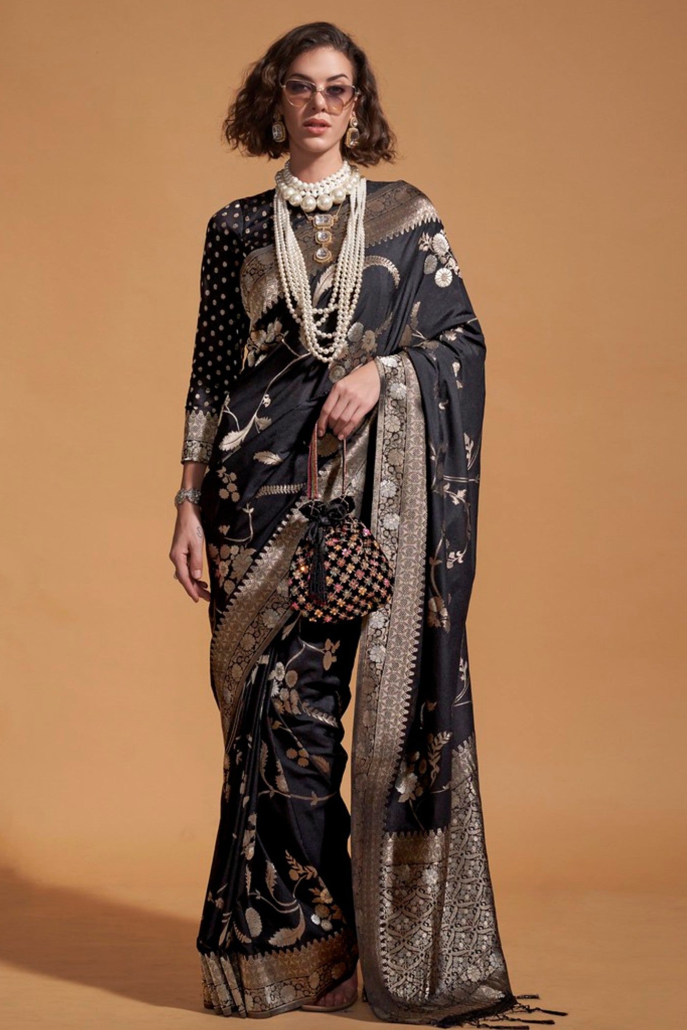 Buy Baltic Black Georgette Handloom Saree Online - MySilkLove