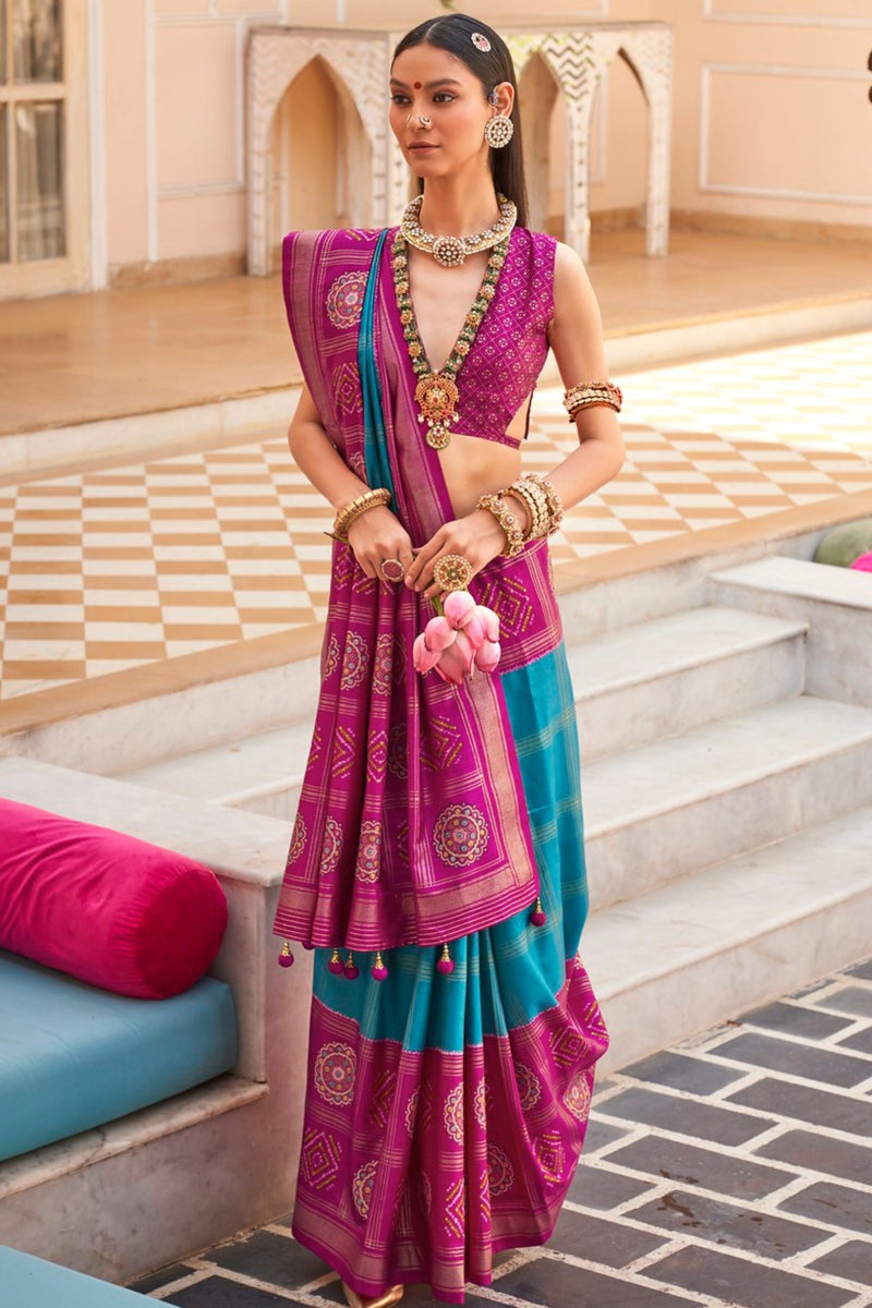Buy Cyan Blue and Pink Printed Patola Saree — Premium Silk | MySilkLove ...
