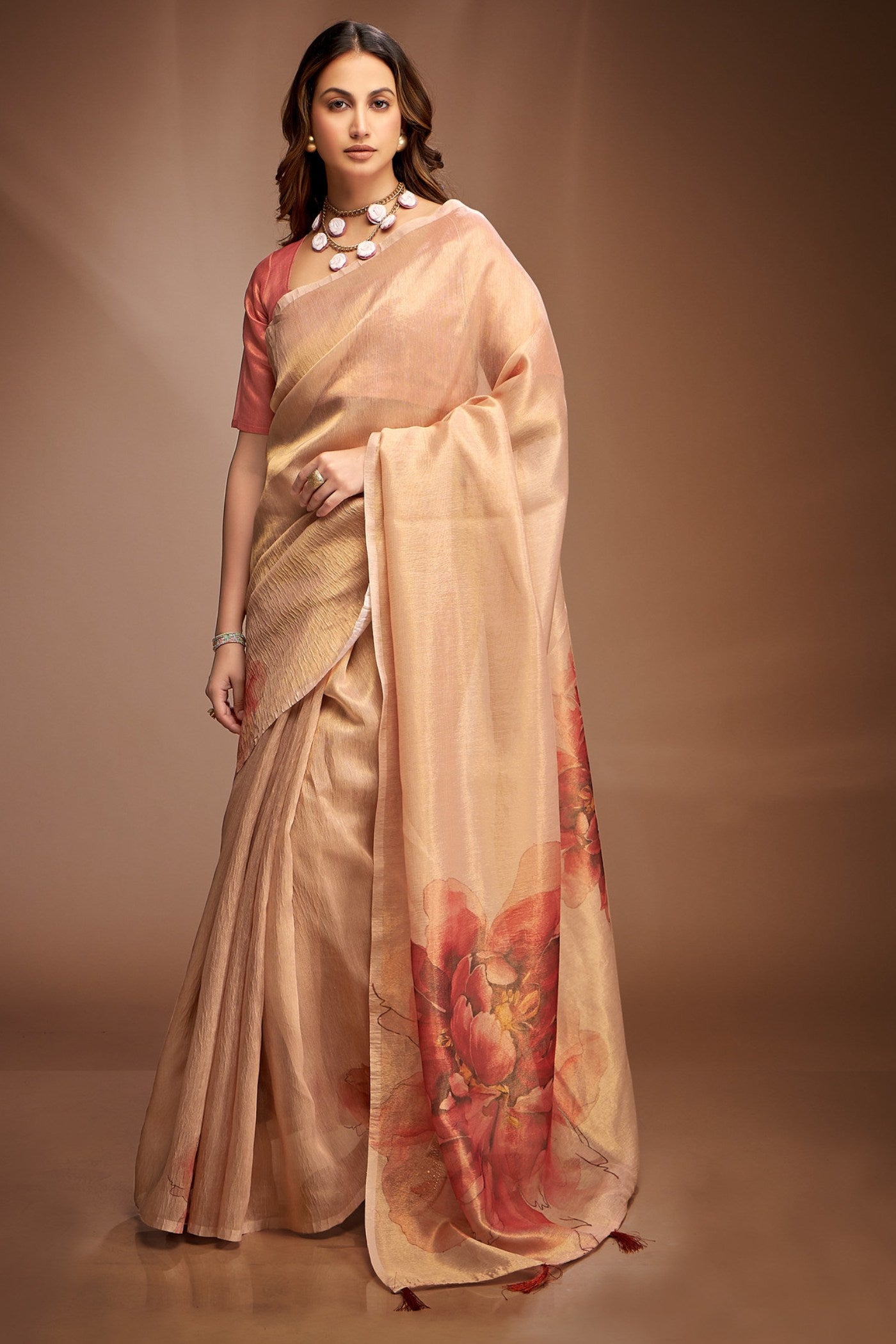 Buy Alabaster Cream Printed Tissue Saree Online - MySilkLove