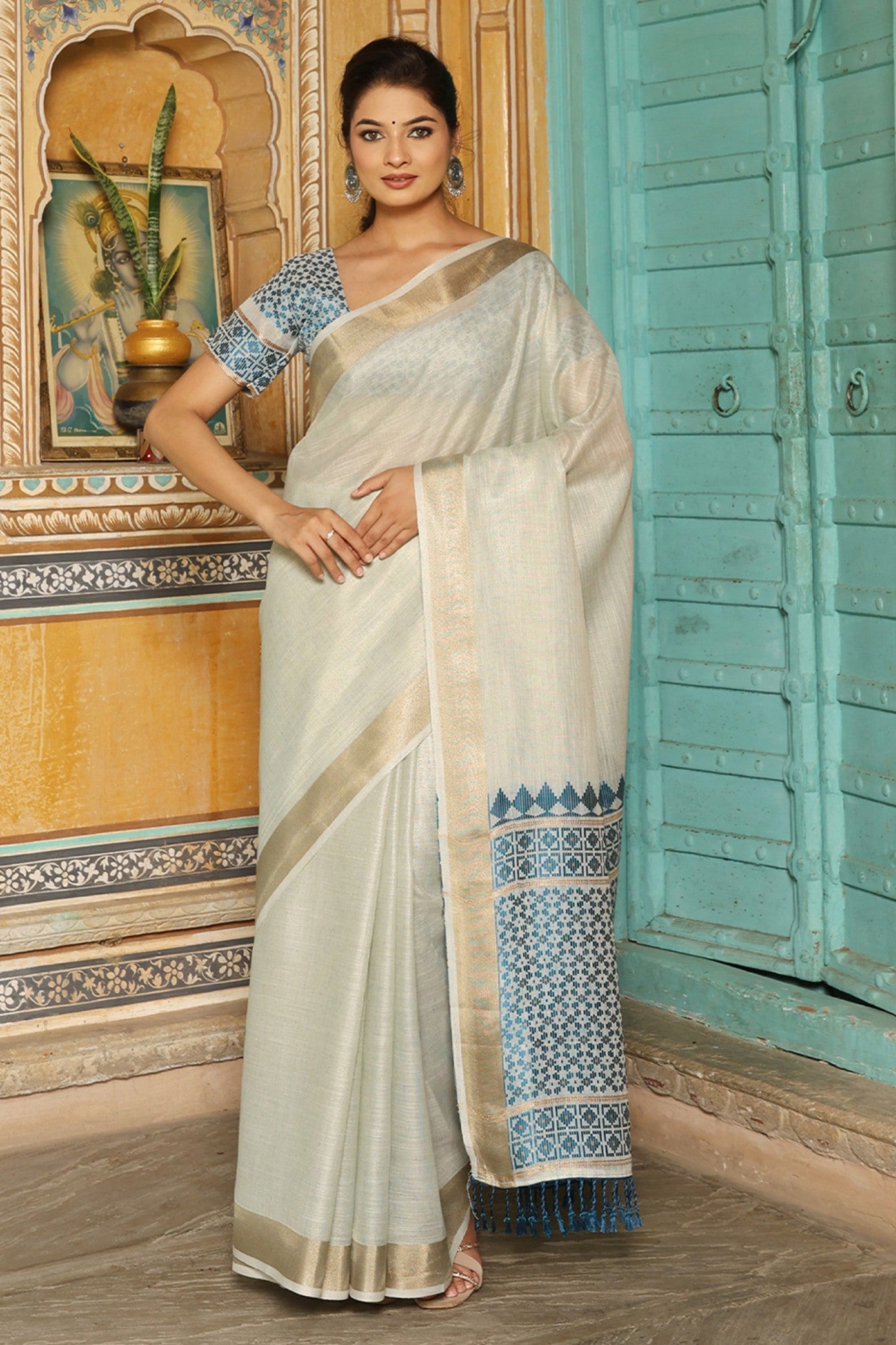 Buy Salt White and Blue Woven Linen Saree Online - MySilkLove