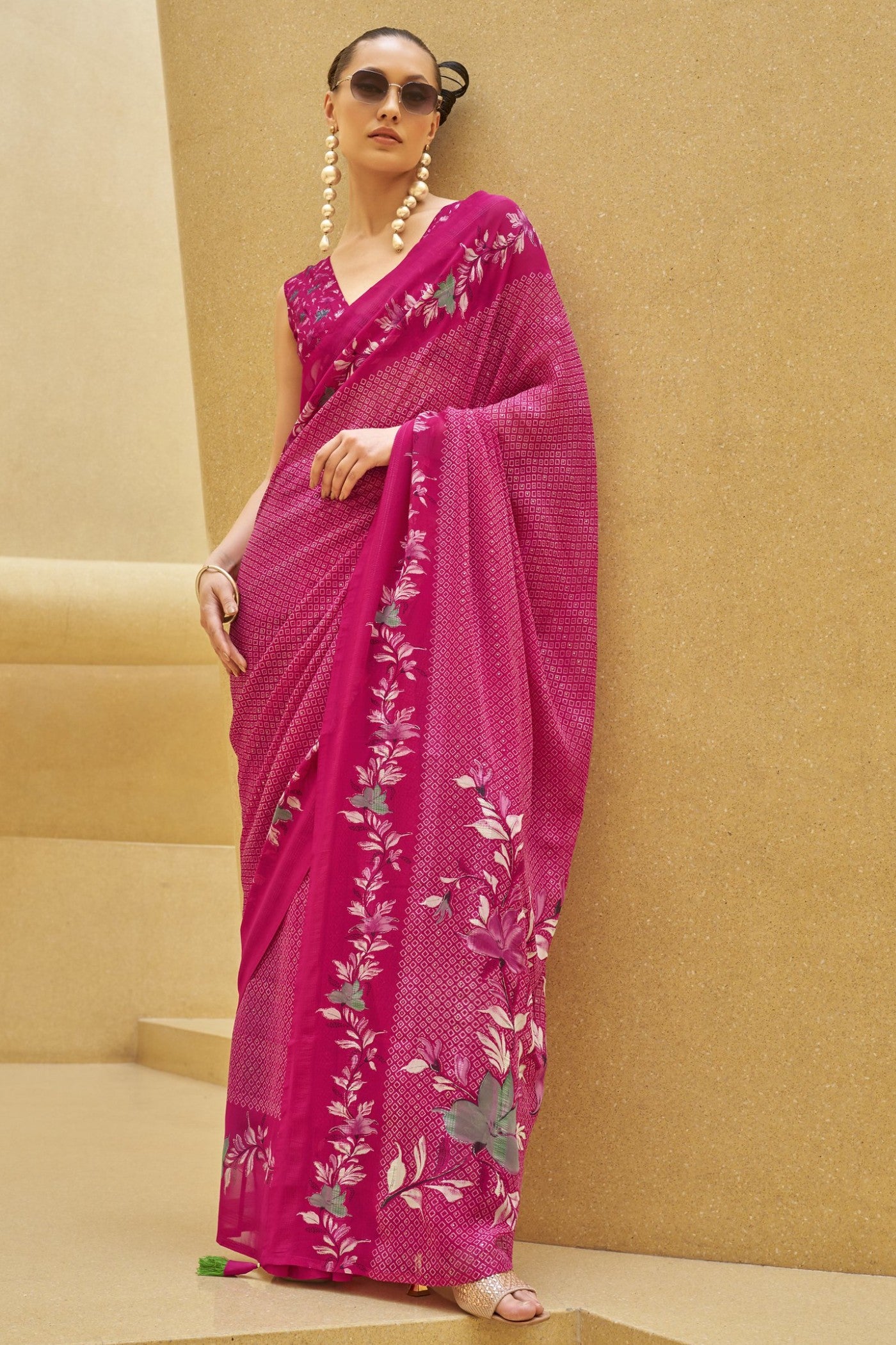 Buy Jazzberry Jam Pink Georgette Printed Saree Online - MySilkLove