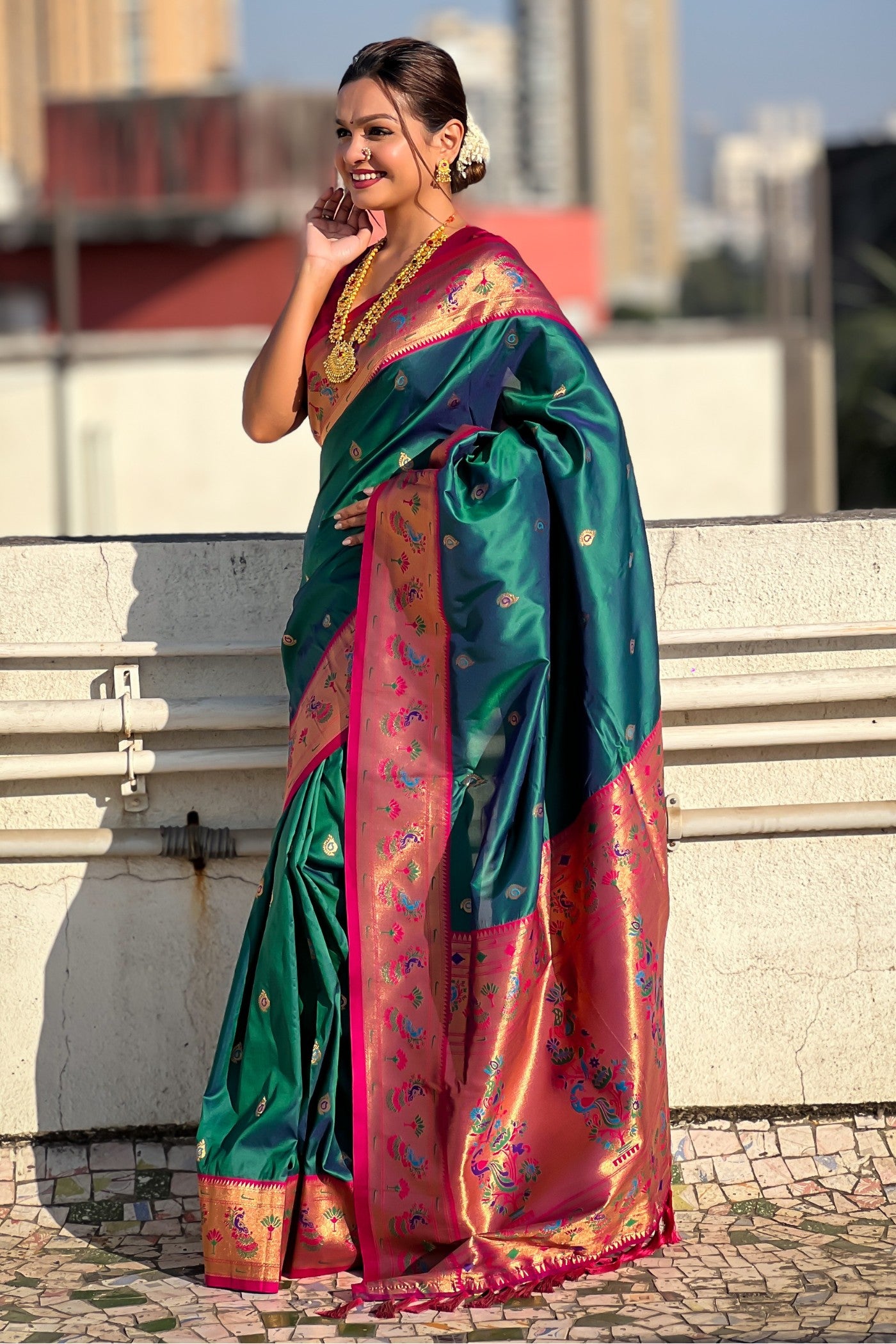 Buy Blue Stone Woven Lotus Paithani Saree Online - MySilkLove