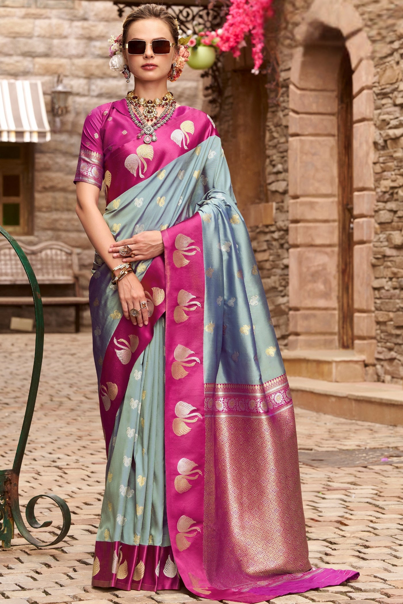 Buy Zinc Gery Woven Satin Soft Silk Saree Online - MySilkLove