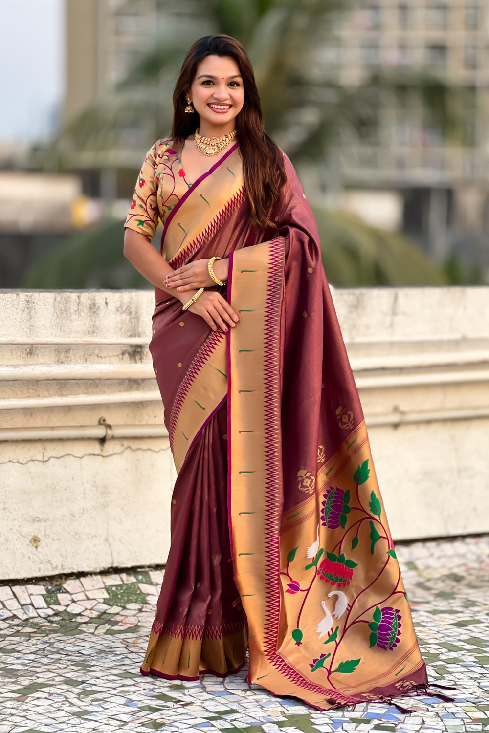 Buy Pastel Maroon Woven Tissue Paithani Saree Online - MySilkLove