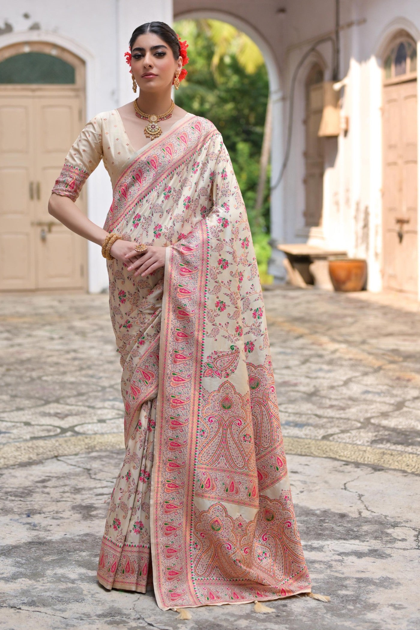 Buy Nobel Cream Woven Pashmina Silk Saree Online - MySilkLove