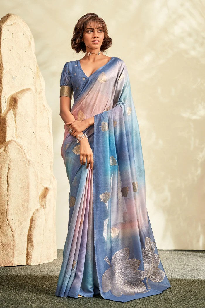 Buy Waikawa Grey and Blue Banarasi Handloom Silk Saree Online - MySilkLove