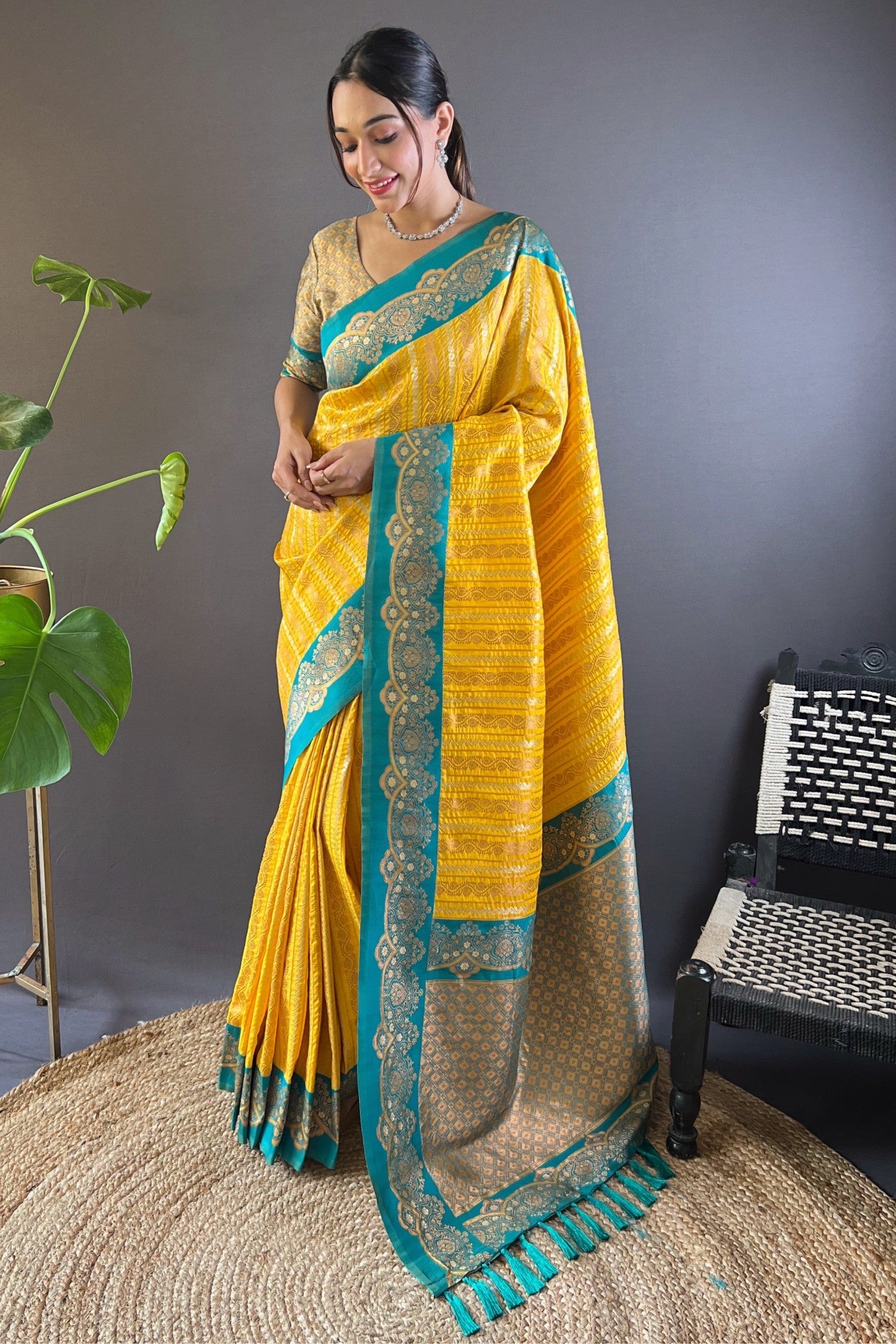 Buy Dixie Yellow Zari Woven Banarasi Saree Online - MySilkLove