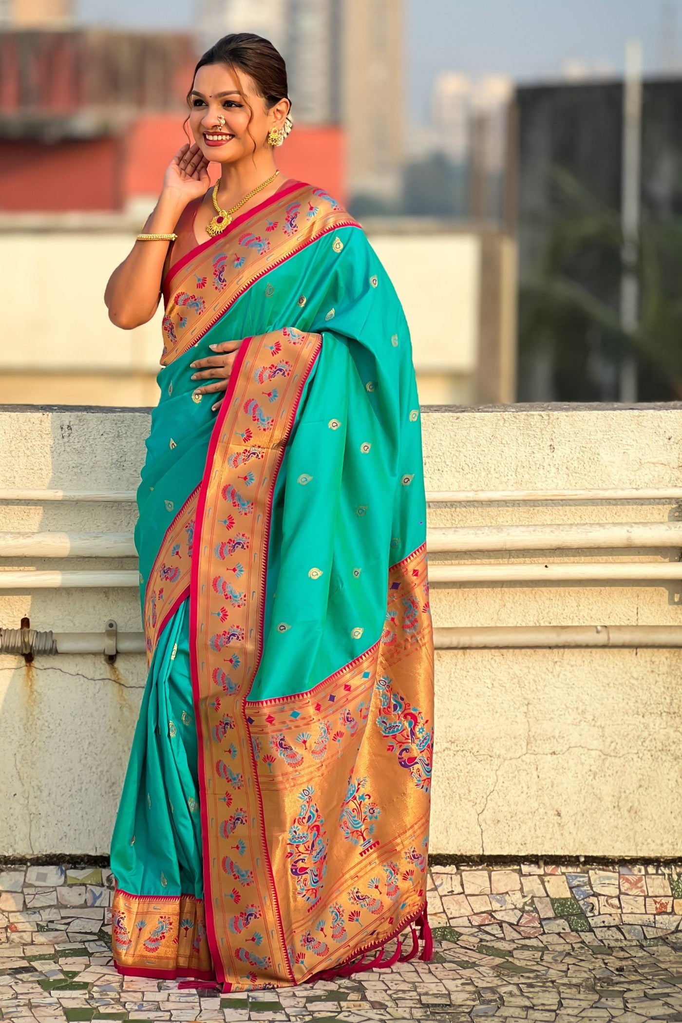 Buy Bright Turquoise Blue Woven Lotus Paithani Saree Online - MySilkLove